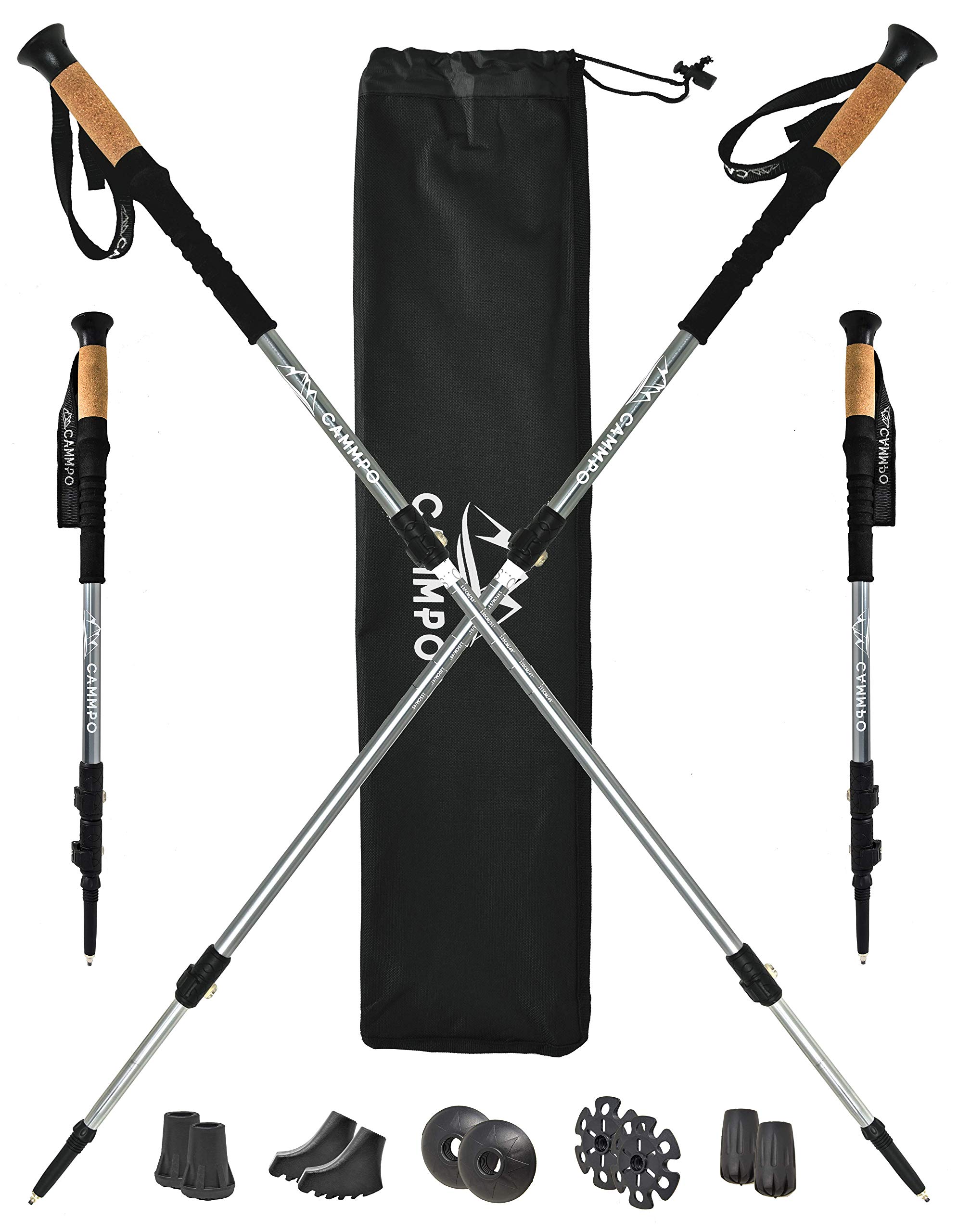 CAMMPO Trekking Poles Collapsible - Hiking Poles - Lightweight Aluminum 7075 - Walking Sticks (2-pc) w/Tungsten Tip, Flip-Lock System & Cork Grip