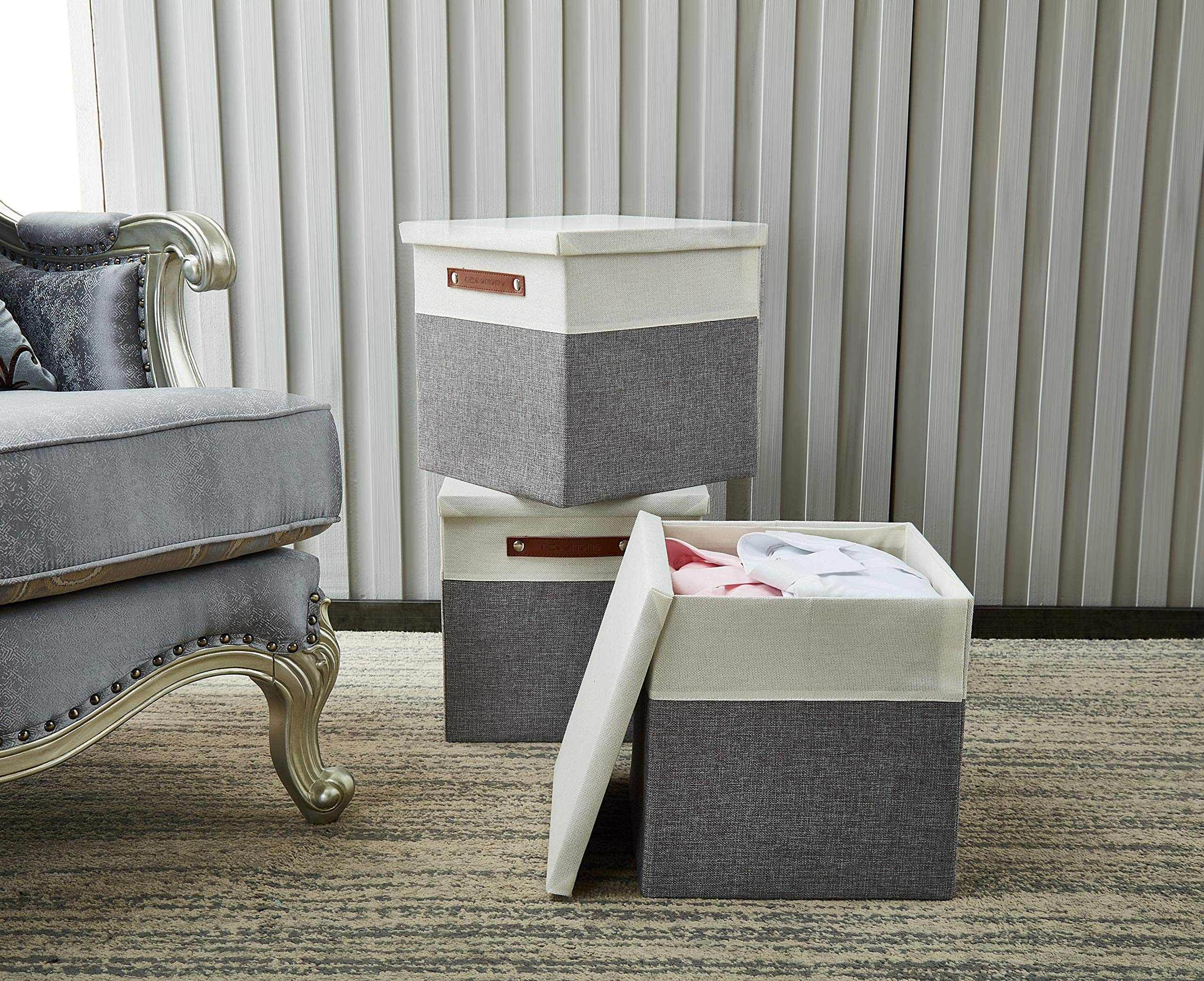 DECOMOMO Storage Cubes with Lid [3-Pack] Large Storage Box, Stackable Storage Bin With Dual Handles for Organizing Toys Books Shelves Office Nursery (Grey and White, 11 x 11 x 11 inch)