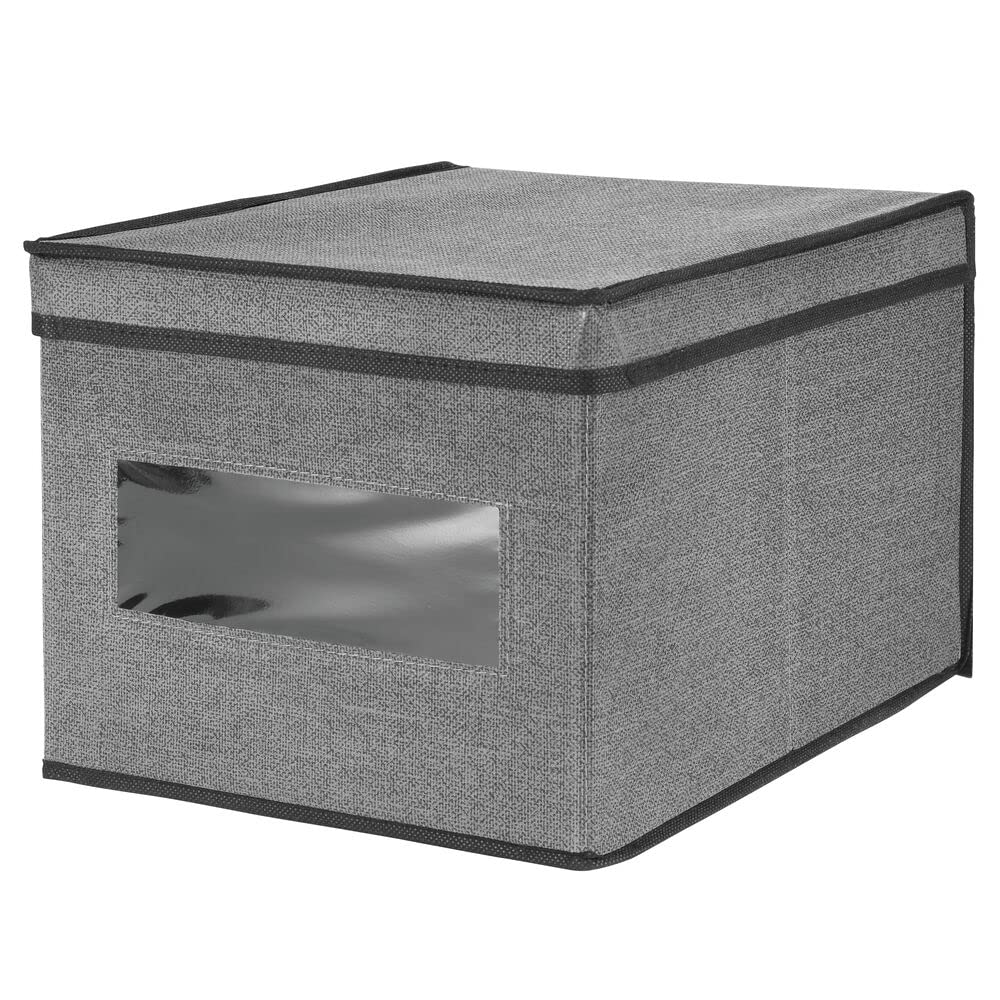 mDesign Large Fabric Stackable Closet Organizer Box with Clear Window/Lid for Bedroom, Office, Bathroom, Mudroom Organization - Shoe, Sweater, Clothes Storage, Lido Collection, Dark Gray/Black