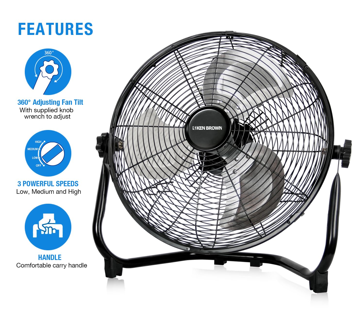 KEN BROWN 14 Inch High Velocity Floor Fan 3-Speed 360° Adjustable Tilting Powerful Airflow for Home,Residential Use, Black