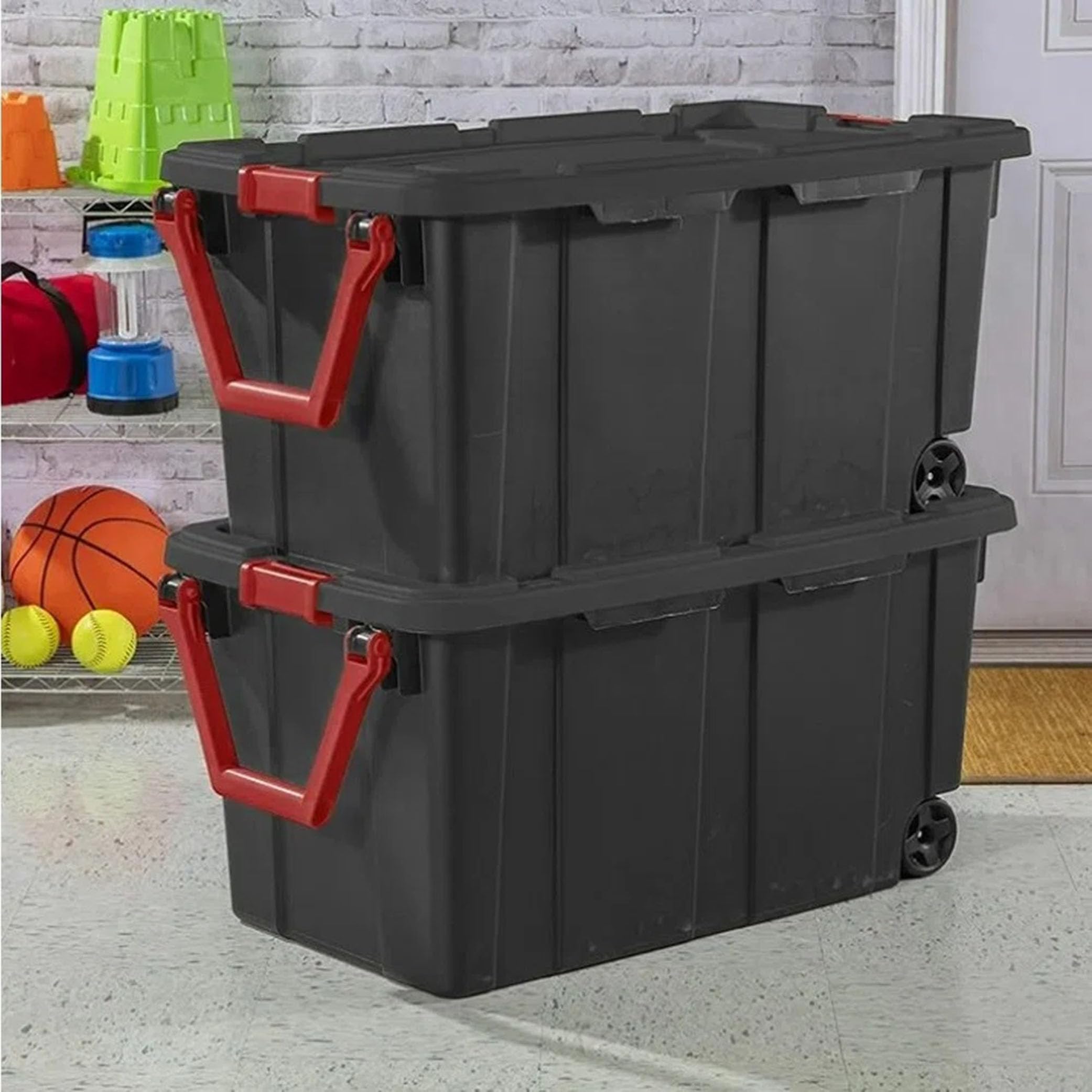 For Sterilite 40 Gallon Wheeled Industrial Tote, Stackable Storage Bin with Heavy Duty Latches, Set of 2