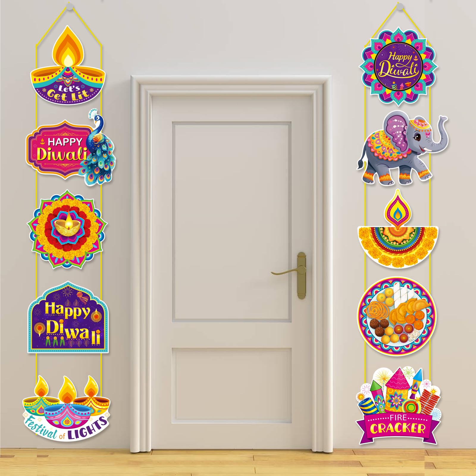 Happy Diwali Porch Sign - 2 Pieces Diwali Hanging Decoration 78 * 11.8inch Deepavali Theme Hanging Banner Diwali Home Decor Front Door Hanging Decoration Indian Peacock Hanging Sign