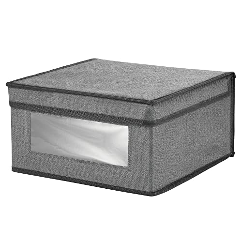 mDesign Medium Fabric Stackable Closet Storage Organizer Box with Front Window/Lid for Bedroom, Office, Mudroom Organization, Hold Clothes, Blankets, Linens, Lido Collection, Dark Gray/Black