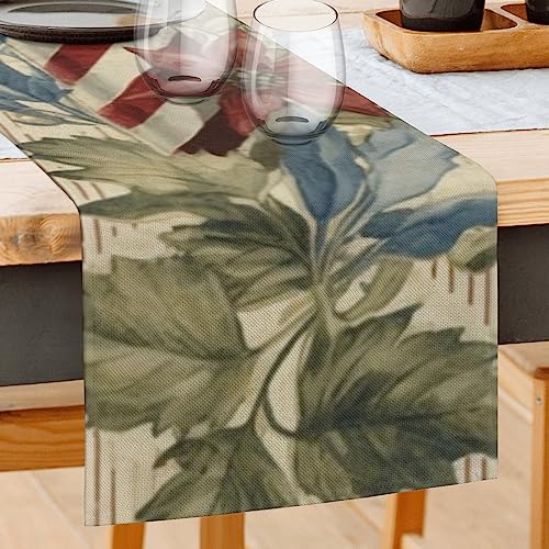 PUZOU Vintage Floral Stars and Stripes American Table Runner 72 Inches Long Farmhouse Linen Table Runner for Summer Wedding Kitchen Flax Dining Table Decoration for Home Party Decor