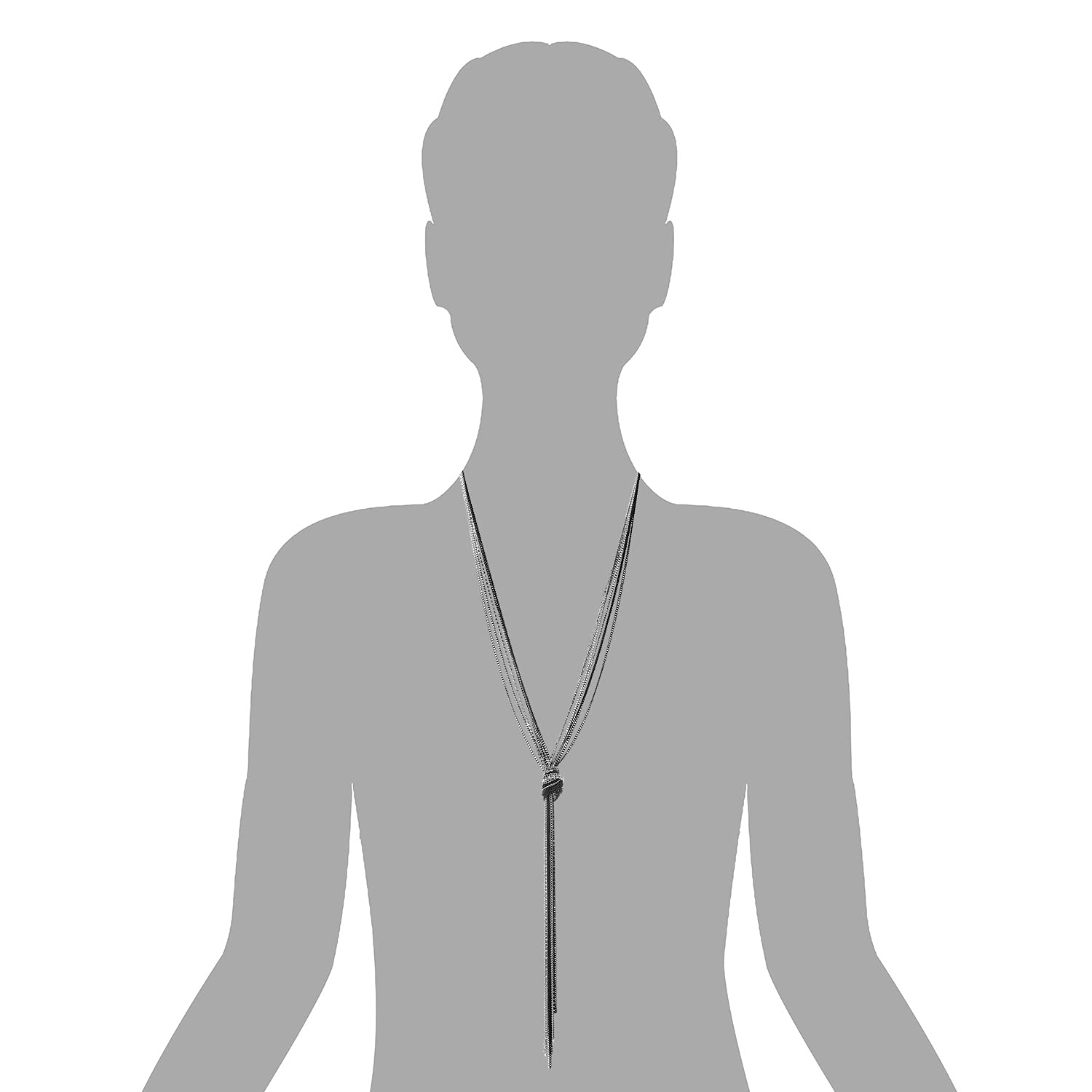 COOLSTEELANDBEYOND Chic Silver Black Lariat Necklace Tassel Pendant with Rhinestones, Multi-strand Long Chains Y-Shape