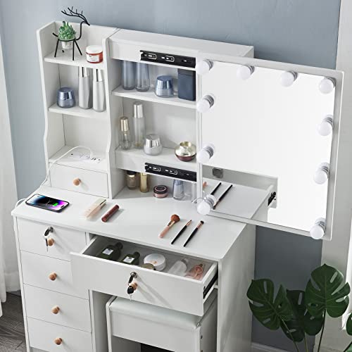 Jansaimei Makeup Vanity with 10 Light Bulbs, Vanity Desk Dressing Table Set with 6 Large Capacity Drawers and Cushion Chair for Bedroom, Vanity for Girls and Women