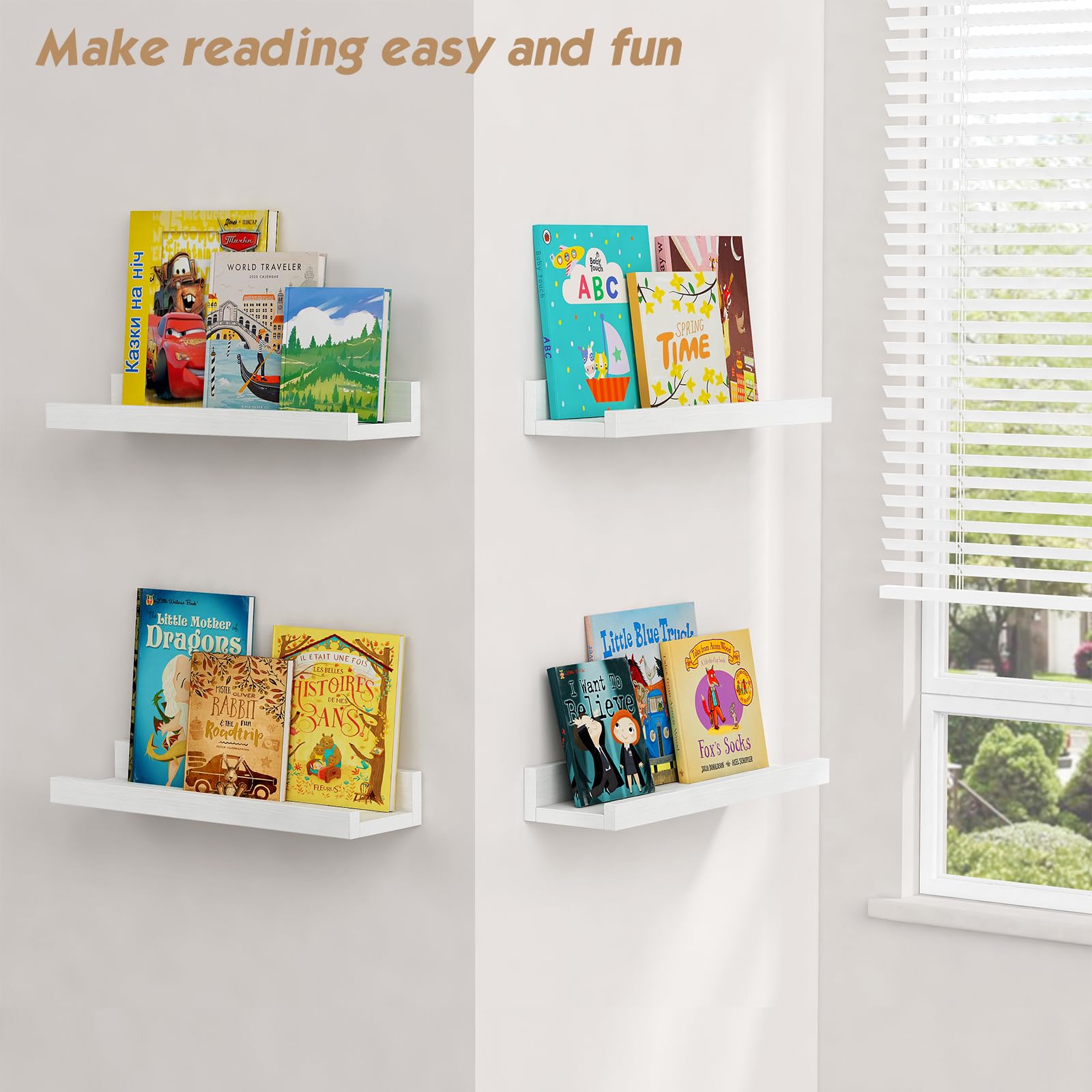 Forbena Small Floating Shelves for Wall Set of 4, White Picture Ledge Shelf with Lip for Bedroom Living Room Photo Frames, Cute Wall Shelf for Bathroom Organizers and Storage, Nursery Kids Book