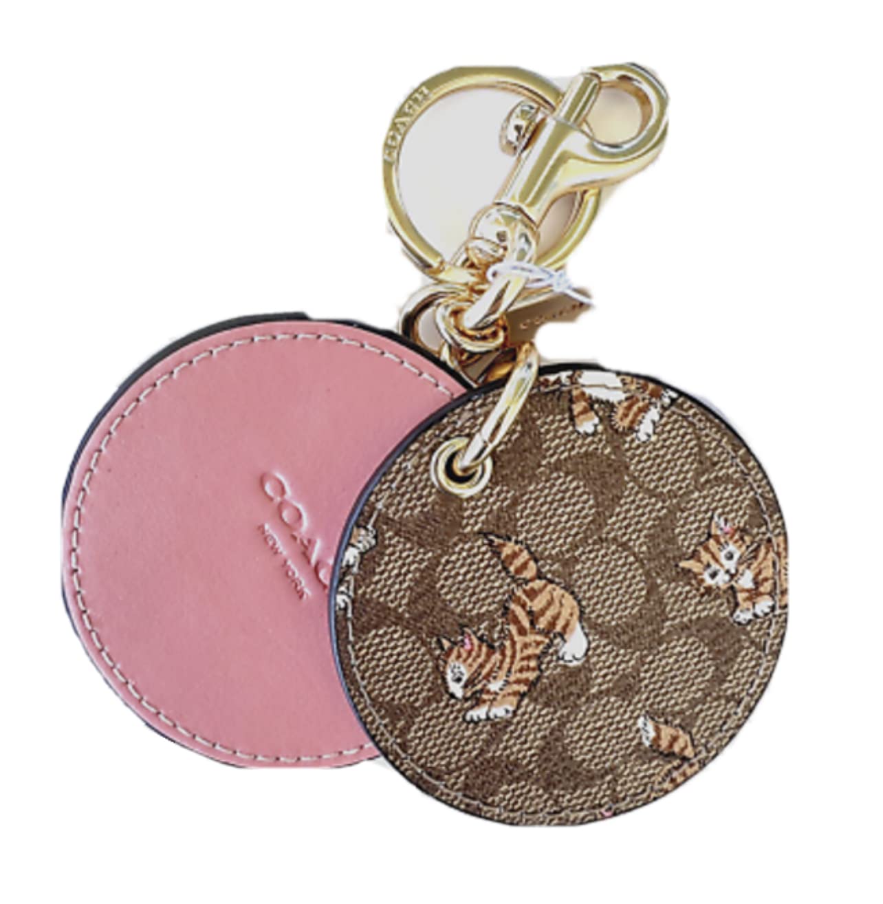 COACH Women's Mirror Bag Charm Keychain Fob (Signature Canvas - Dancing Kitten Print - Khaki Multi)