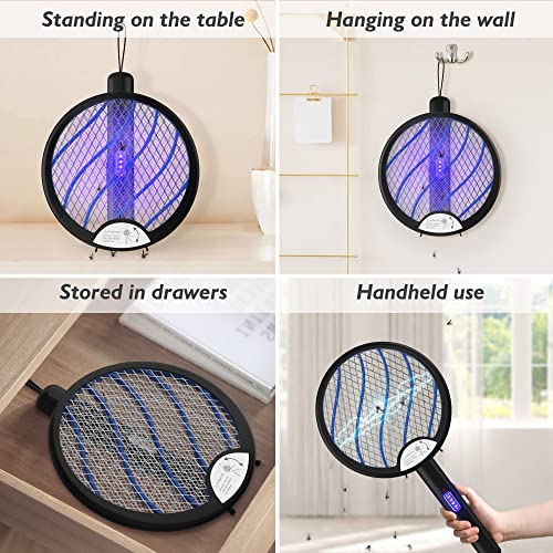 Electric Fly Swatter Racket 2 in 1 Foldable Bug Zapper Racket,3500V Fly Swatter Electric USB Rechargeable with 3-Layer Safety Mesh for Indoor and Outdoor