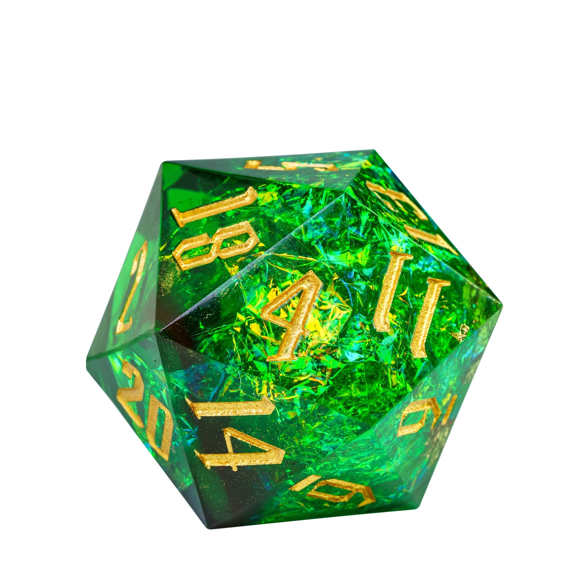 Cusdie Single D20 DND Dice with Sharp Edges and Glitter Foil Inclusions, 20 Sided D&D Dice, 33mm Handcrafted Polyhedral Dice, for Role Playing Game MTG Pathfinder (Green)