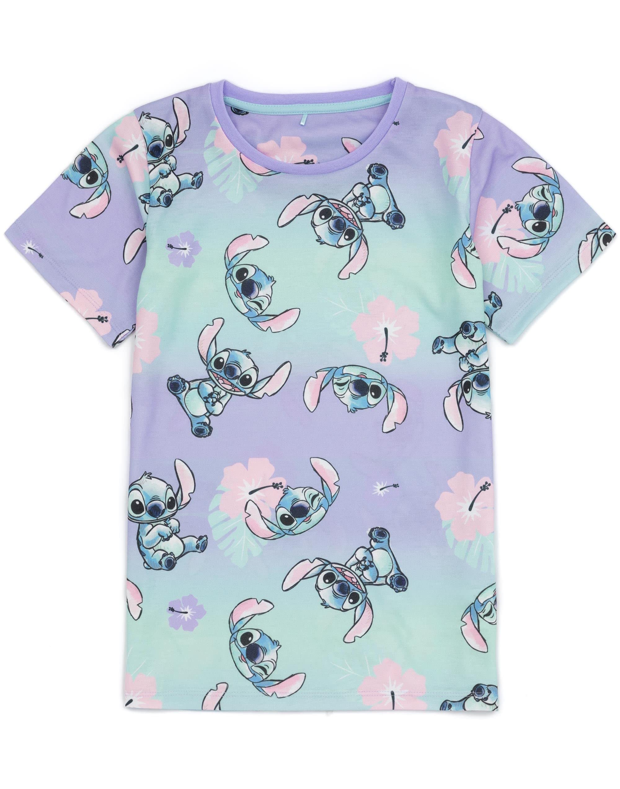 Disney Lilo And Stitch Girls 2 Pack Pyjama Set | Kids Short Sleeve T-Shirt Complete & Shorts PJs | Just Chill Alien Graphic Purple