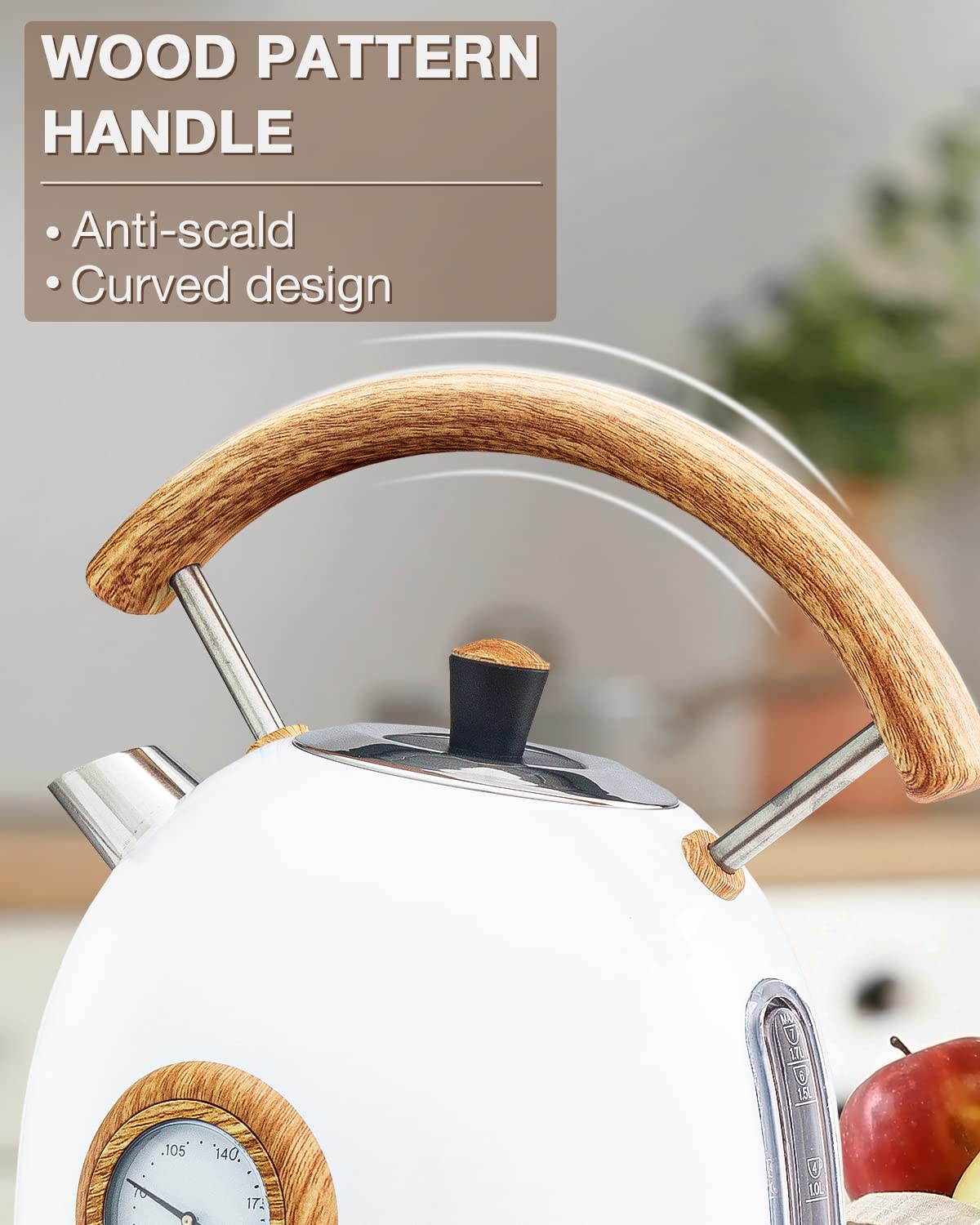 Electric Tea Kettle, Hot Water Boiler with Thermometer 1.7 Liter Stainless Steel Teapot, BPA Free, 1500W, SMOLON Wood Pattern Handle Pour-Over Electric Kettle with LED Indicator Auto Shut-Off, White