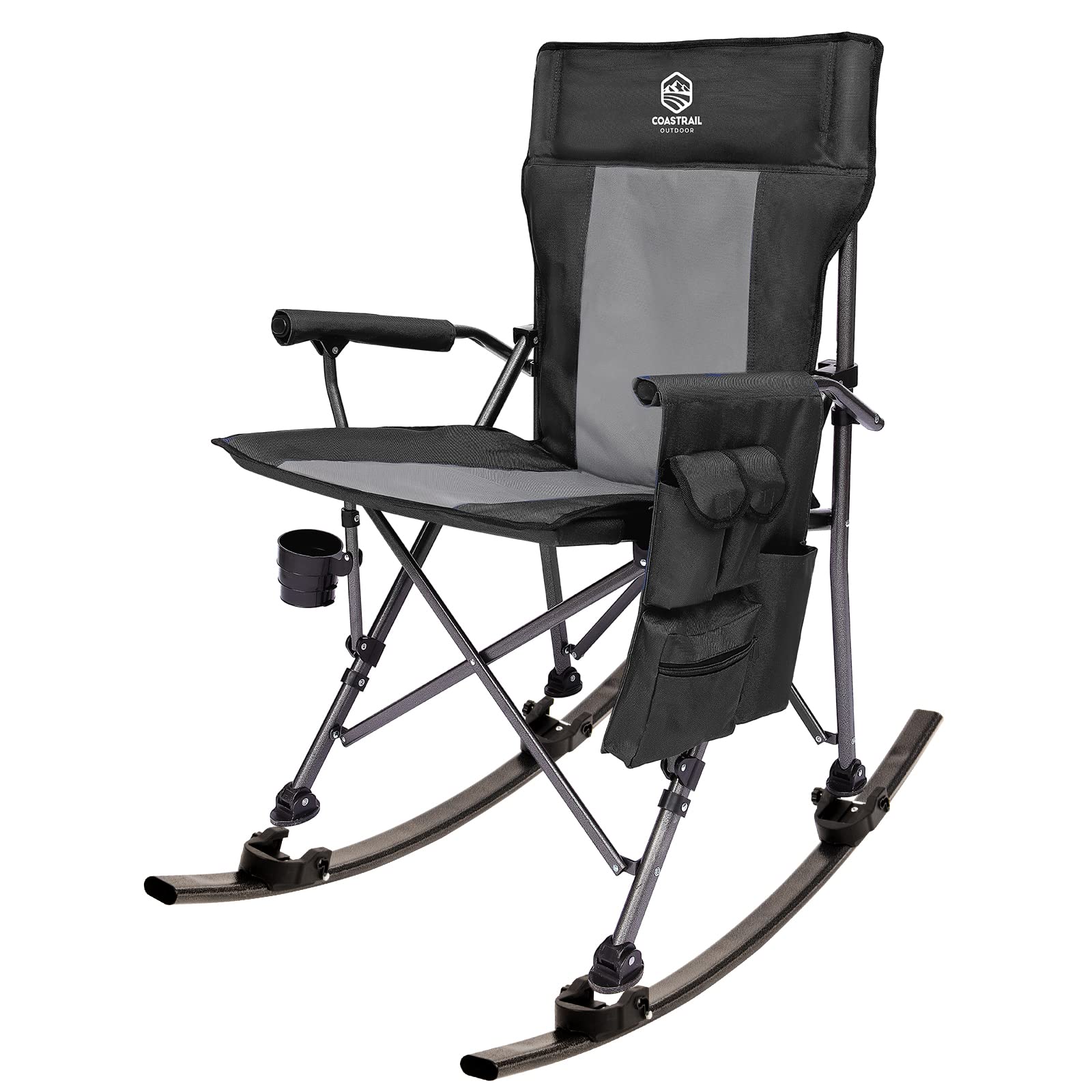 Coastrail Outdoor Folding Rocking Camping Chair High Back Padded Lawn Chair with Foldable Cup Holder, Side Storage, Back Pocket for Camping Hiking Heavy Duty 350lbs Weight Capacity, Black, Large