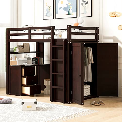 Harper & Bright Designs Twin Size Loft Bed with Desk and Wardrobe, Wood Loft Bed Frame with Storage Drawers and Full-Length Guardrails, High Loft Bed for Kids Teens Boys and Girls (Espresso)