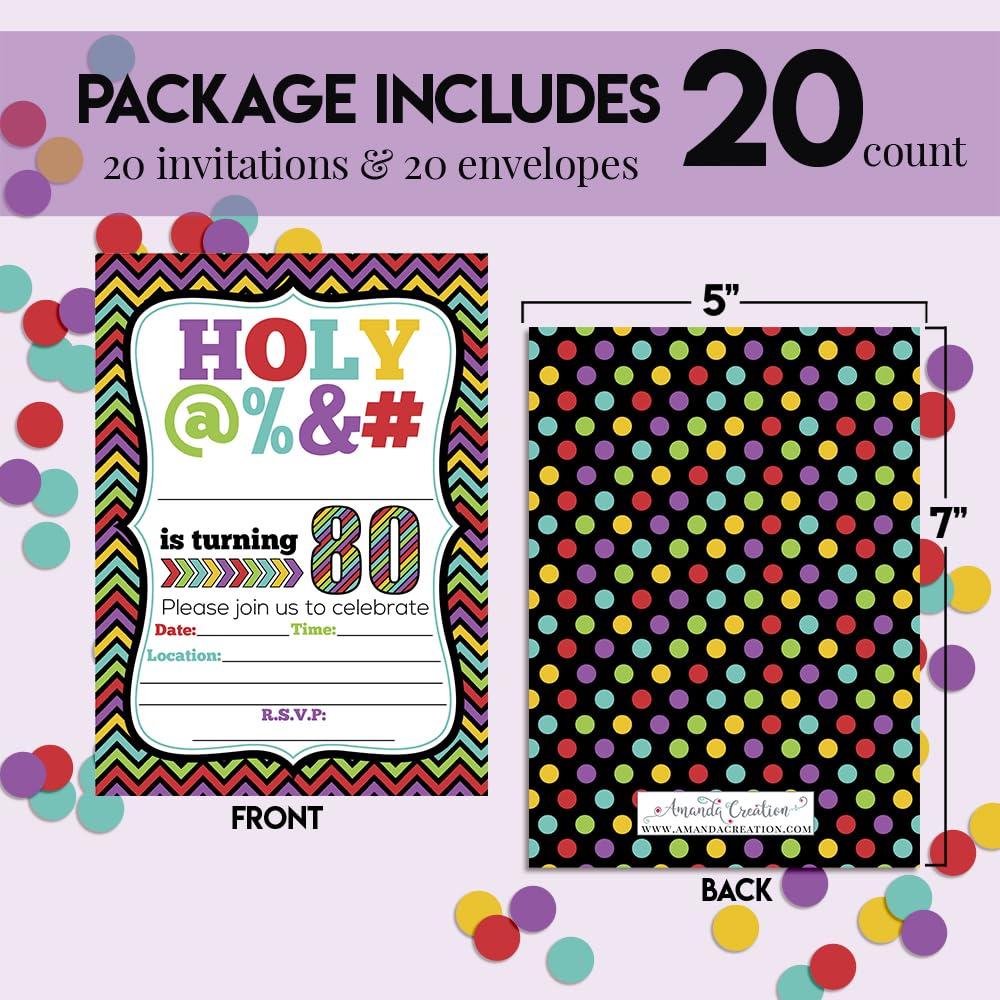 HOLY @% 80th Birthday Party Invitations, 20 Funny 5x7 Fill In Cards with Twenty White Envelopes for Milestone Birthdays by AmandaCreation