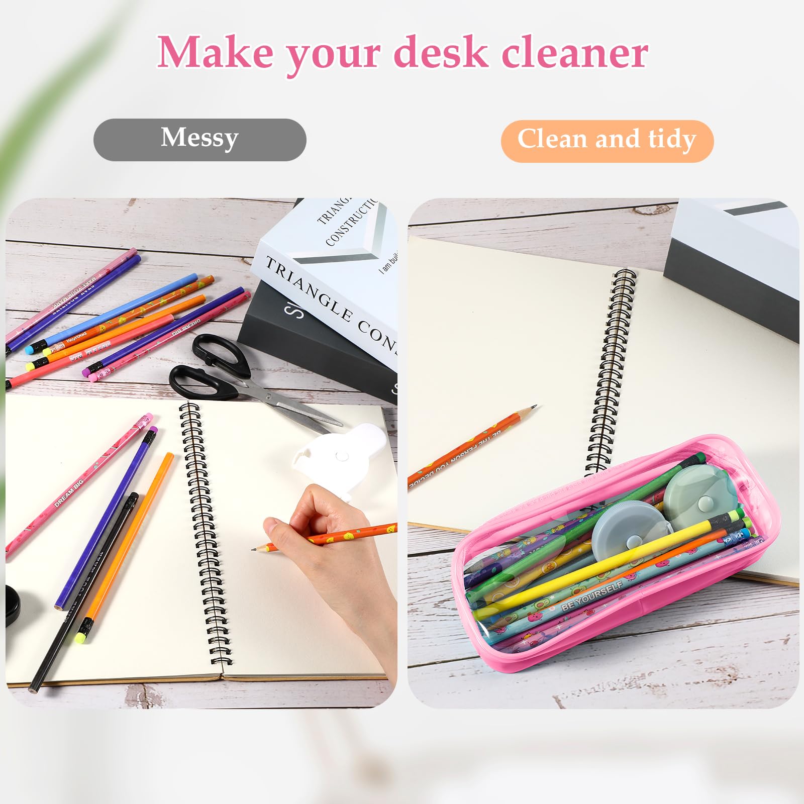 Fulmoon 30 Pcs Pencil Case Clear PVC Zipper Durable and Thick Pencil Bag Makeup Pouch Clear Zipper Pen Pouches Clear Pencil Case for Pencils Cosmetics(Pink)
