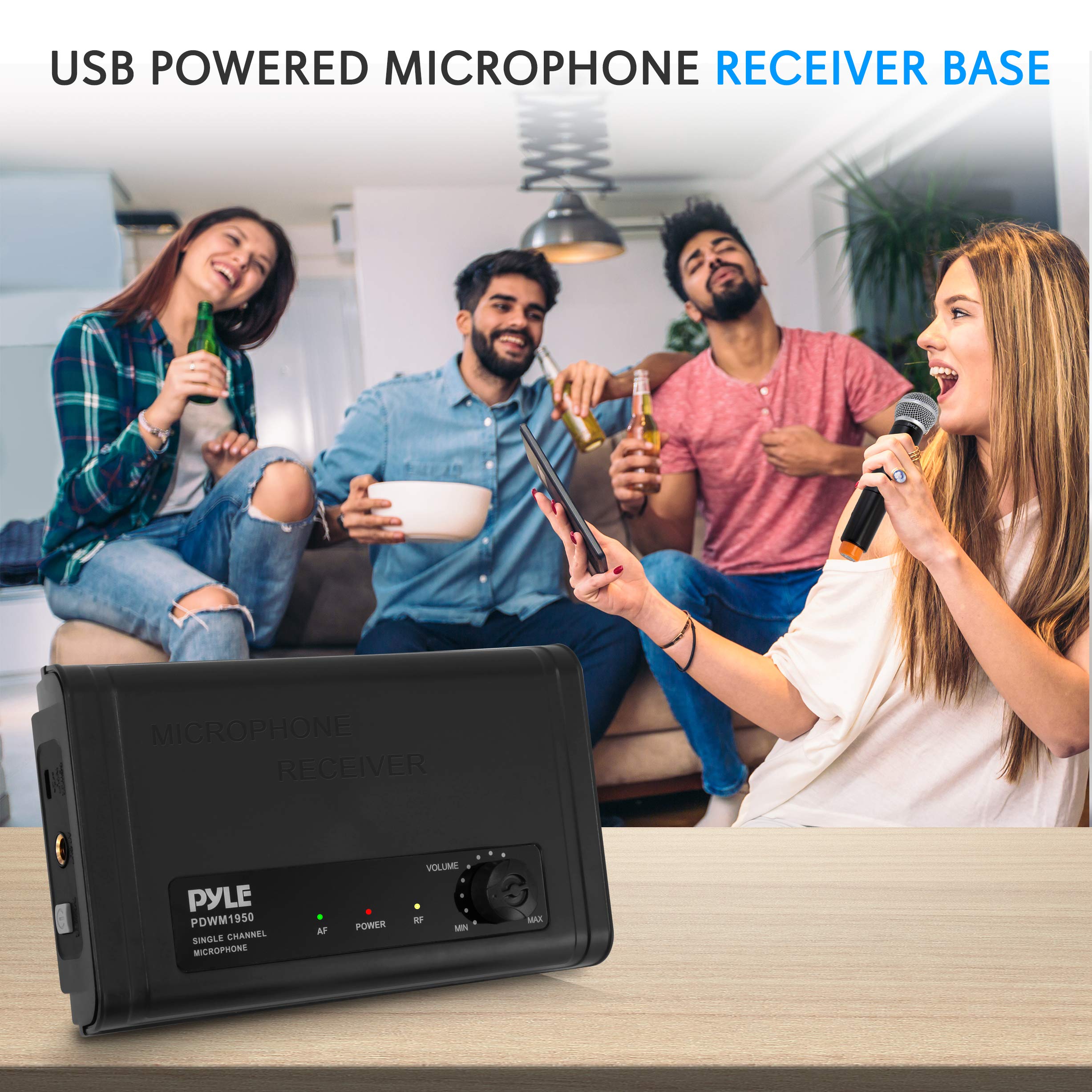 PYLE Compact UHF Wireless Microphone System - Pro Portable Single Channel Desktop Digital Mic Receiver Set w/ 1 Handheld Mic, Receiver Base, USB Cable, Battery, for Home, PA, Karaoke, DJ PDWM1950