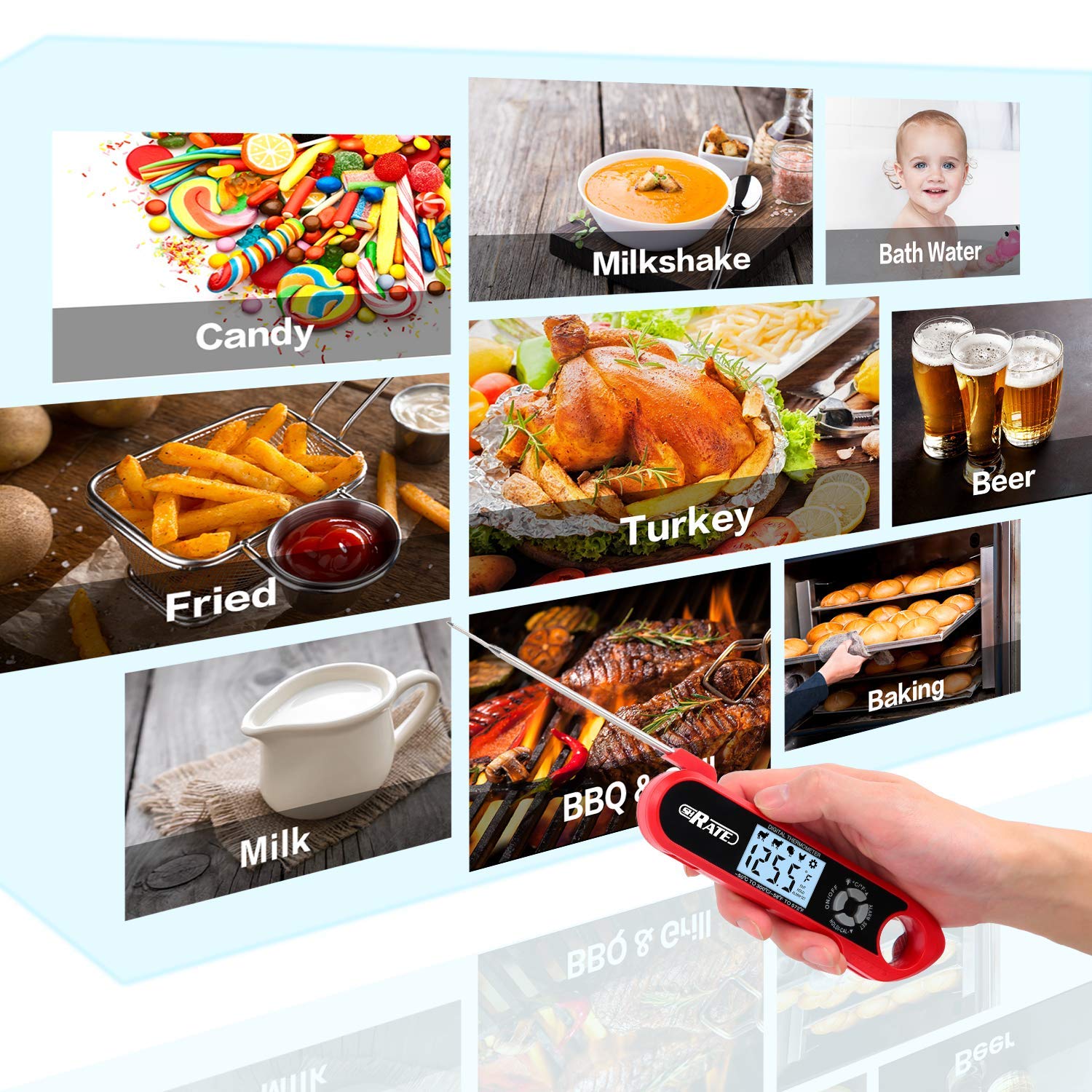 Digital Meat Thermometer for Oven, 5 Meat Temperature Settings 2-in-1 IP67 Waterproof 2s Instant Read Grill Cooking Food Thermometer with Dual Probe Magnet for Kitchen, Grill, BBQ, Turkey(Red)