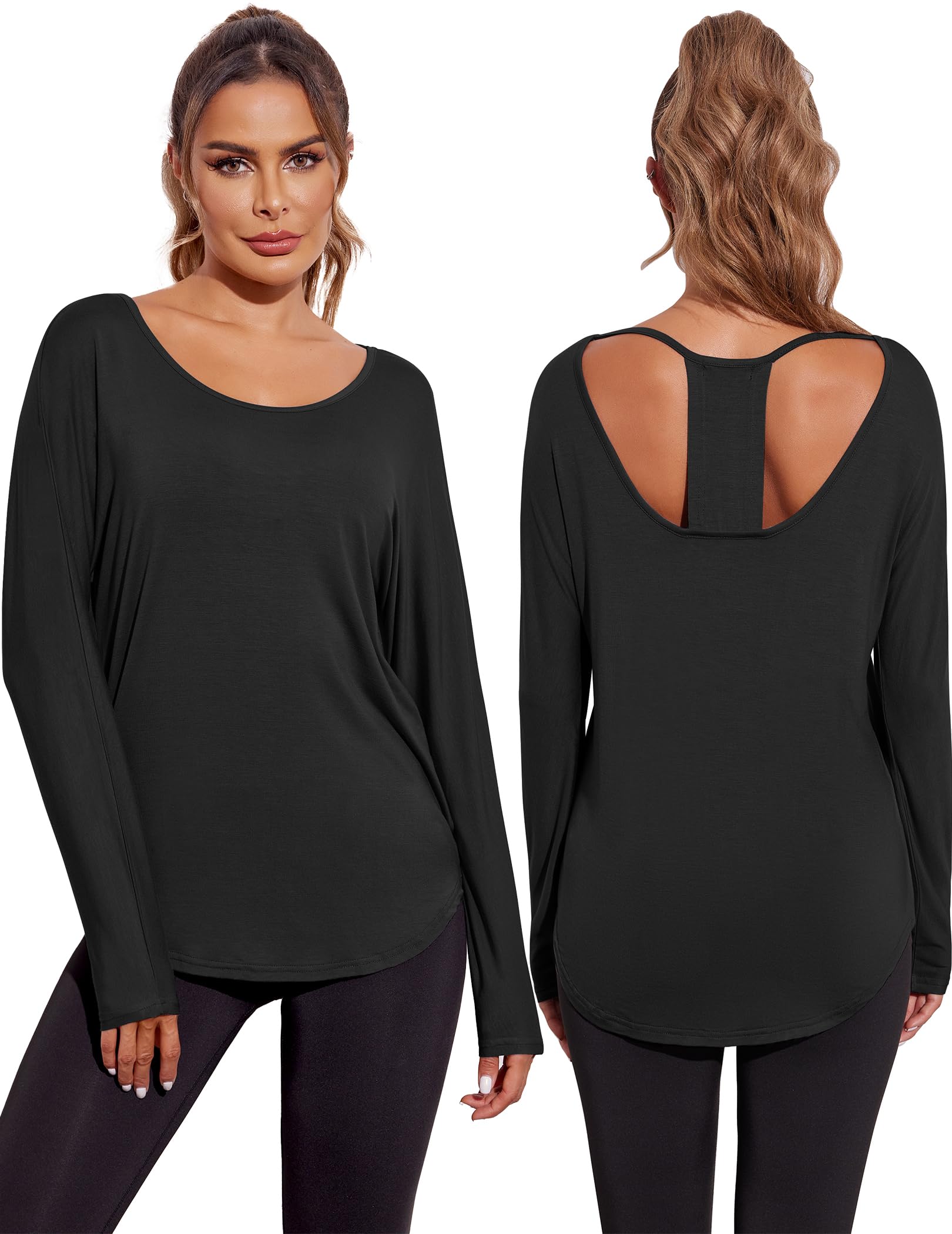 Cute Long Sleeve Workout Shirts for Women Loose Fit Open Back Athletic Yoga Gym Running Tops