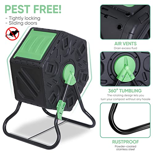 HomGarden Single Chamber Compost Tumbler for Garden and Outdoor, 18.5 Gallon High Volume Composter Bin with Sliding Door, Black