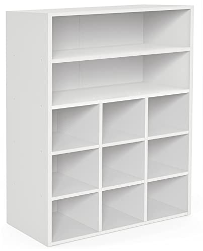 HAIOOU Shoe Cubby, 9-Cube Stackable Wood Shoe Rack Organizer 5-Tier Freestanding Wooden Shoe Stand with 2 Storage Shelf for 10-15 Pairs, Ideal for Apartment, Entryway, Closet Organization - White