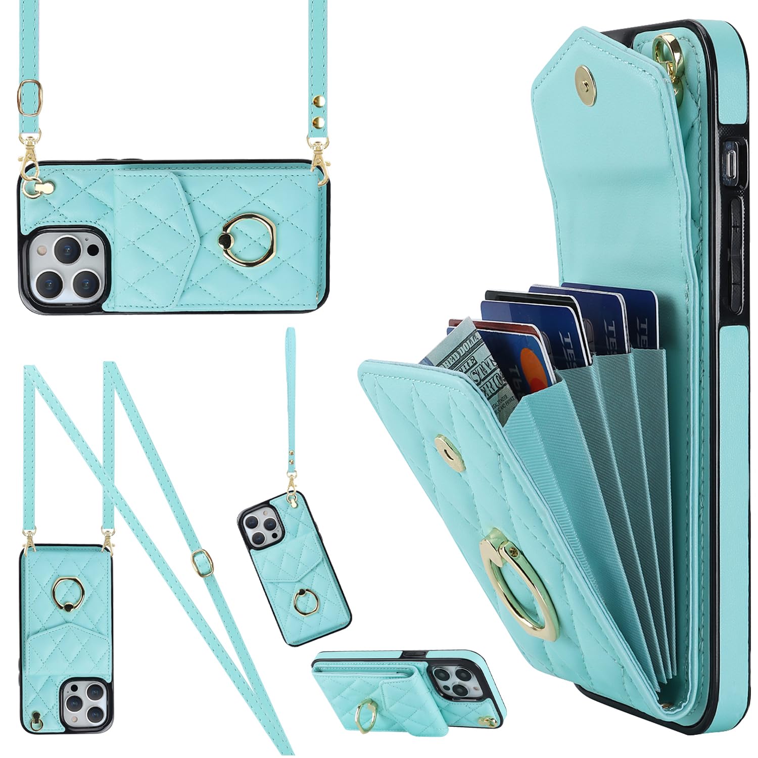 CHENRLIAN Compatible with iPhone 15 Pro Max Wallet Case, with Card Holder,Crossbody Case with Strap Wrist,Protective Leather Case with Ring for Apple iPhone 15 Pro Max, 6.7", 2023(Mint Green)