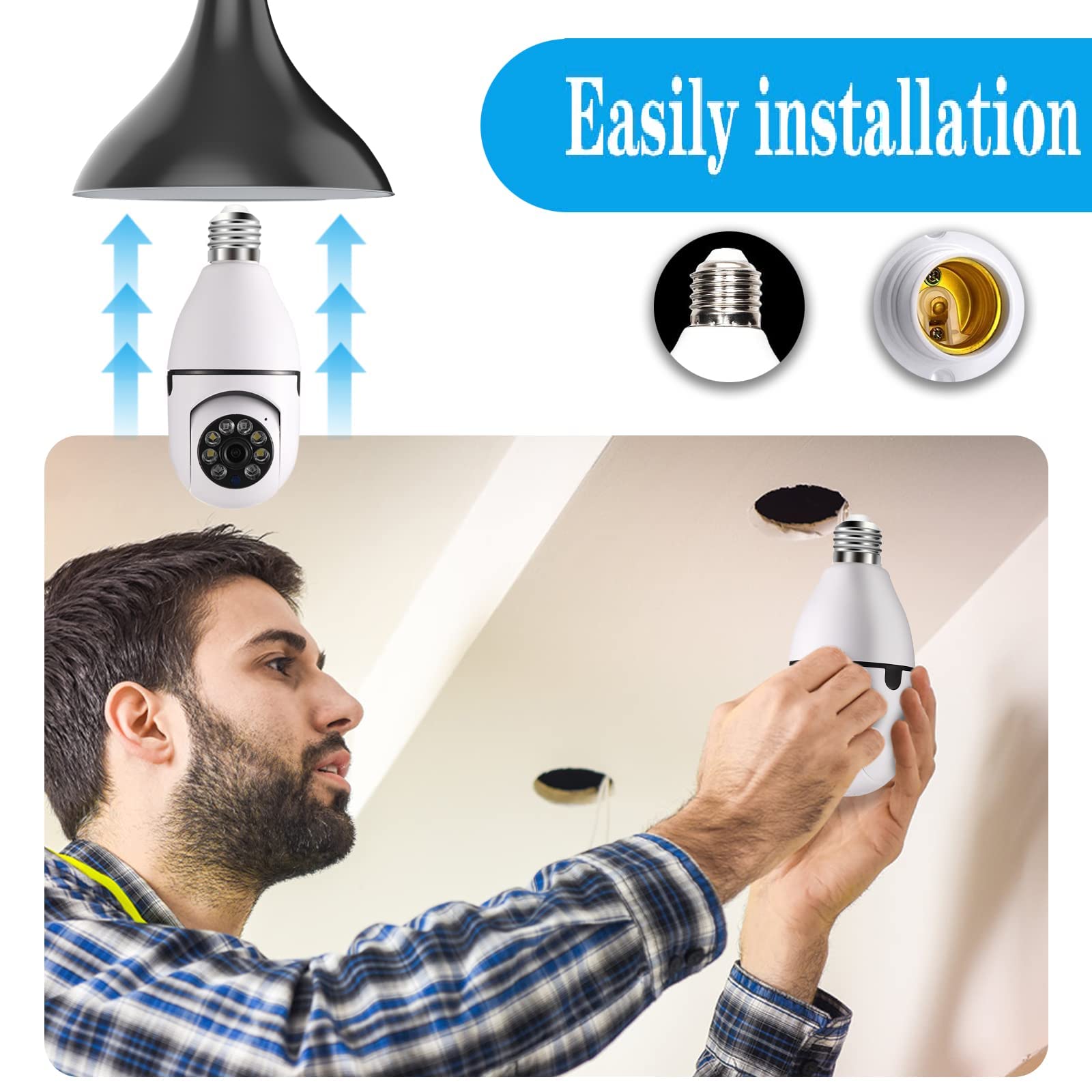 DEXINLONG Wireless WiFi Light Bulb Camera, 360 Degree E27 Security Camera Outdoor, 1080P Home Surveillance Cameras System with Human Motion and Alarm, Two-Way Audio, Full Color Day Night, White