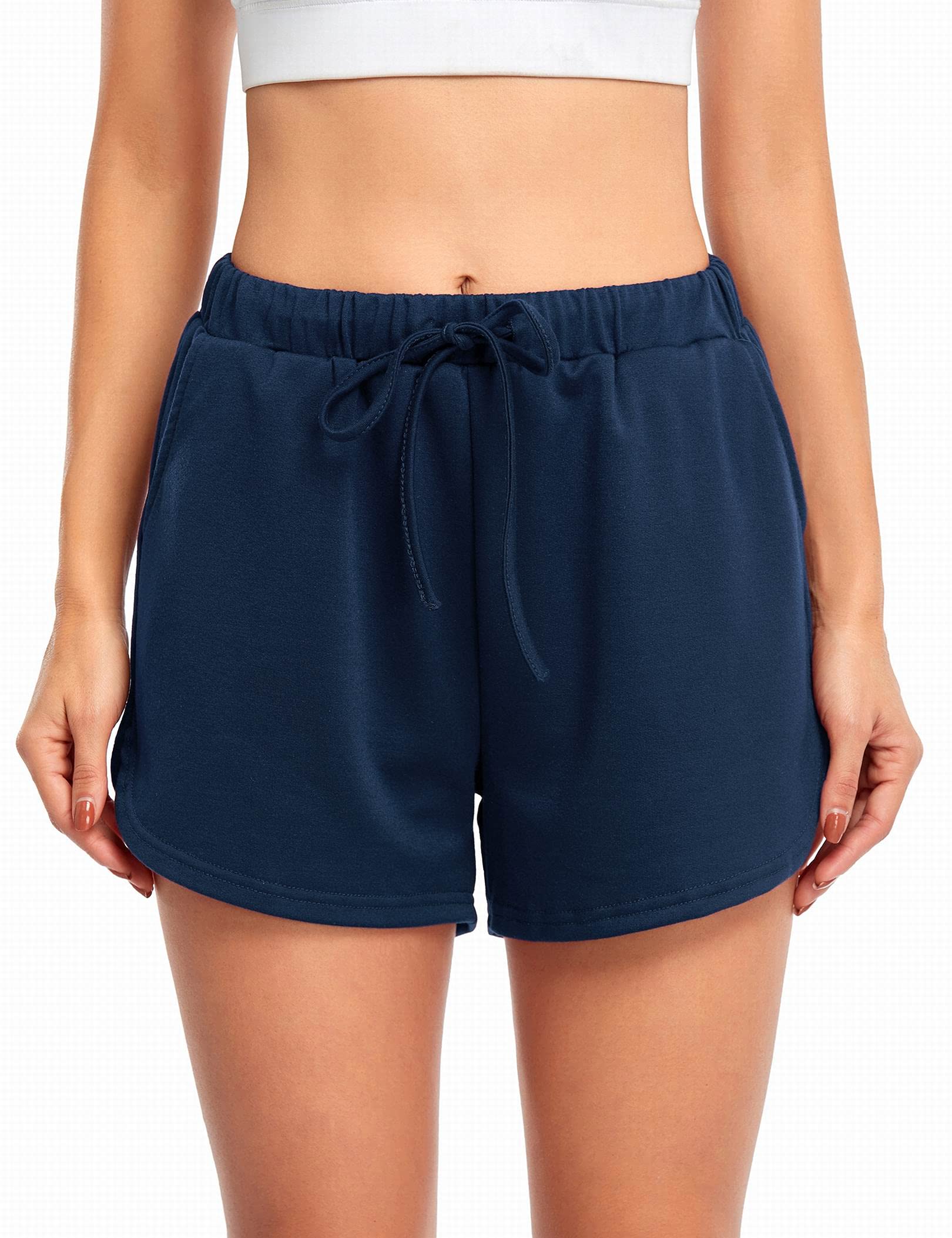 COOrun Drawstring Running Yoga Shorts Comfy Dolphin Shorts Lounging High Waist Terry Shorts Navy Blue Medium
