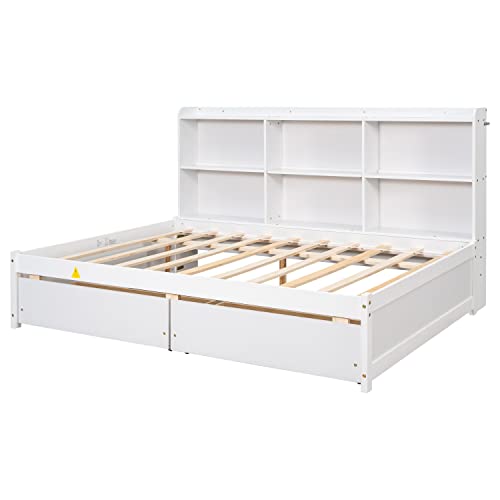 Harper & Bright Designs Full Bed with Storage Drawers and Side Bookcase, Solid Wood Platform Frame, Full Size Daybed Sofa for Bedroom Living Room (Full Size, White) White(side Bookcase)