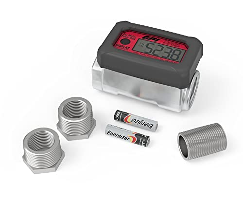 GPI 113255-1, (GALLONS) 01A31GM Aluminum Turbine Fuel Flowmeter with Digital LCD Display, 3-30 GPM, 1-Inch FNPT Inlet/Outlet, 0.75-Inch Reducer Bushings, ±5% Accuracy