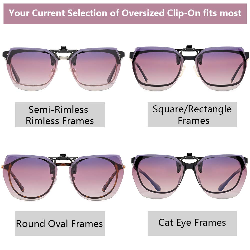 CAXMAN Polarized Clip On Sunglasses for Women Over Prescription Glasses 100% UV Protection Flip Up Transition Purple Mirrored Lenses