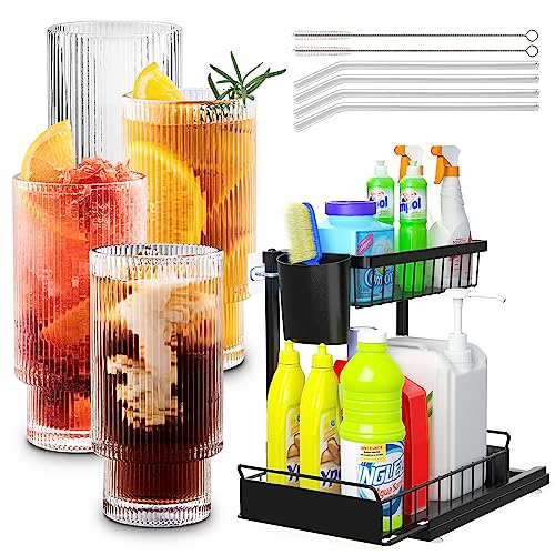 Gracenal Under Sink Organizer, Kitchen Organizers and Storage 1 Pack & Ribbed Glass Cups with Straws 12oz, Drinking Glasses Set of 4