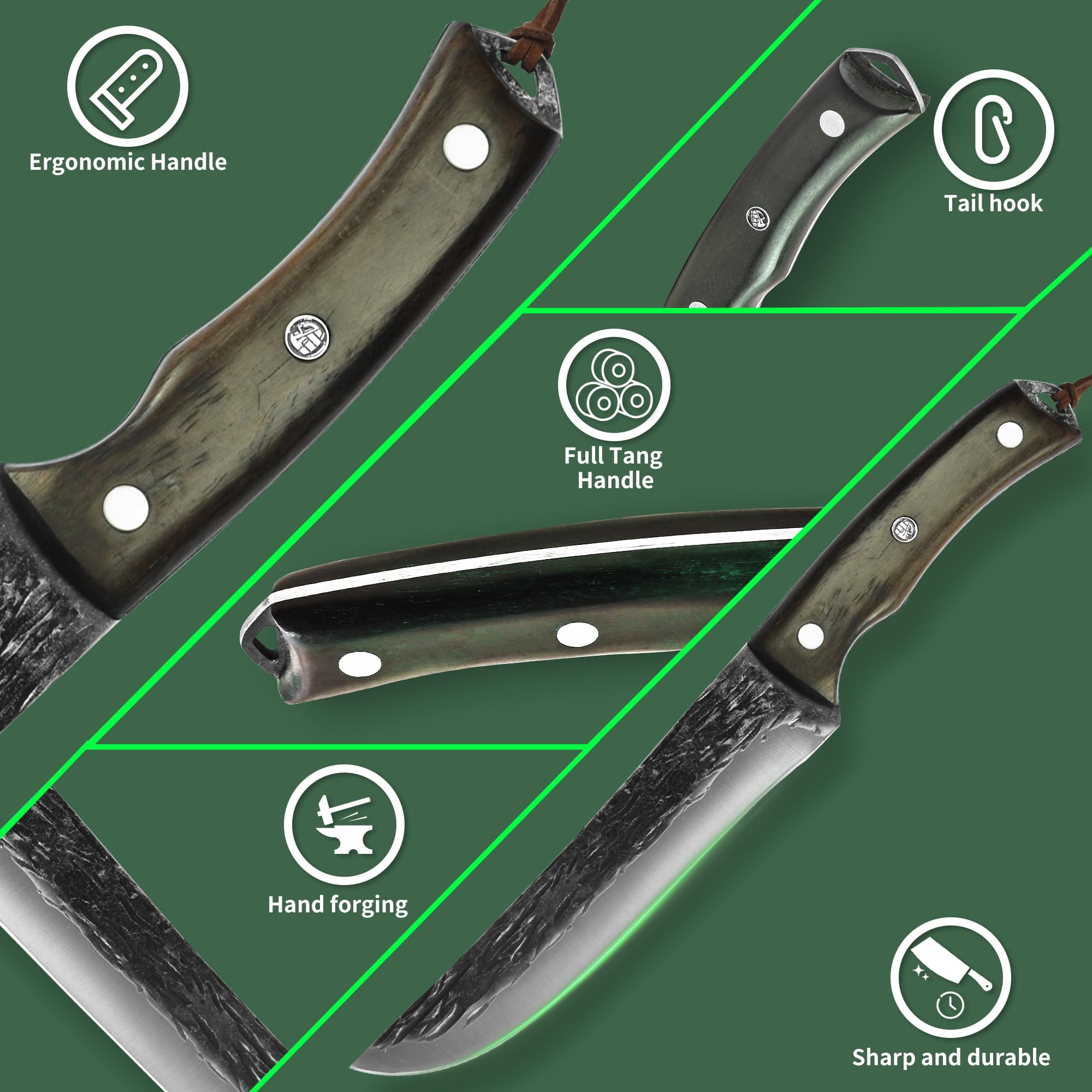 FULLHI 11pcs butcher knife Boning Knife set & Magnetic Knife Block Holder With Sheath High Carbon Steel Fish Knife Chef Knife For Kitchen, Camping, BBQ