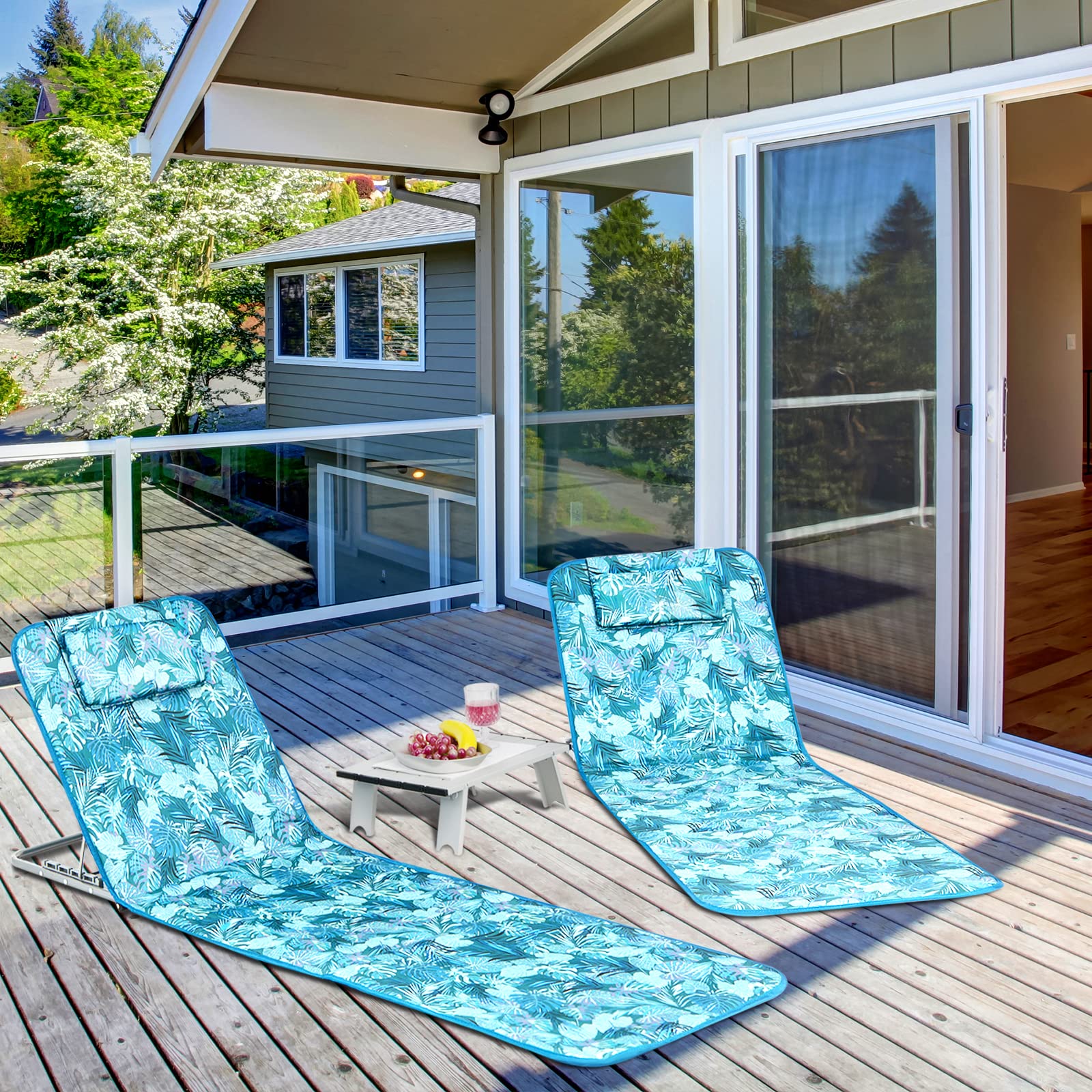 COSTWAY 3-Piece Beach Lounge Chairs, Outdoor Lounger with Side Table, 5 Reclining Positions, Lightweight & Portable Tanning Chairs for Sunbathing, Camping (Turquoise)