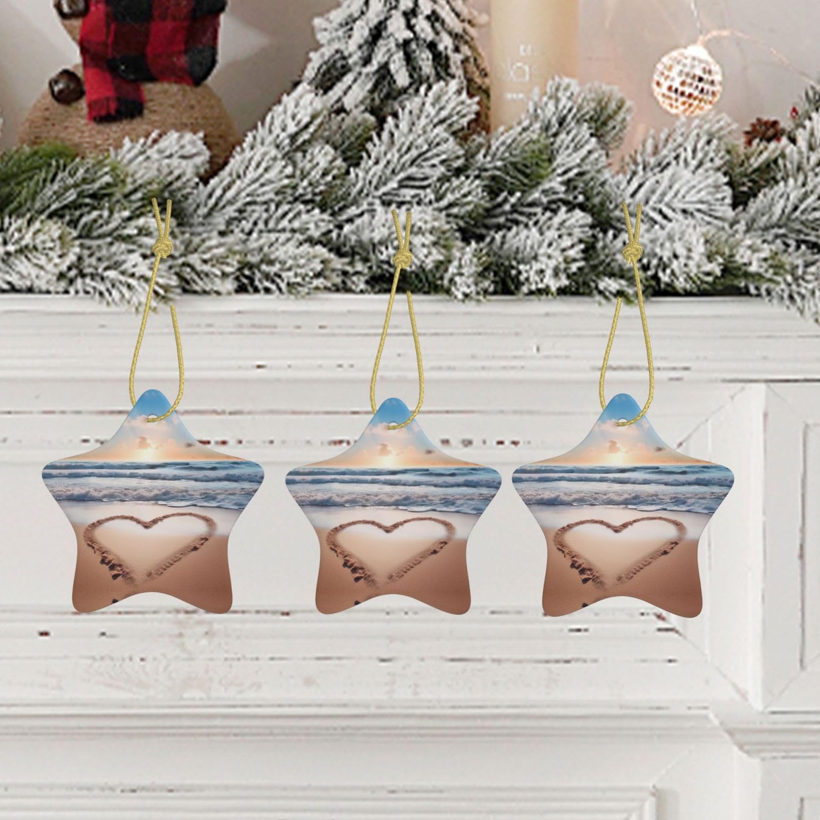 Christmas Tree Ceramic Hanging Star Shape Ornaments Heart Shape Romantic Beach Printed Christmas Ornaments with Gold Ribbon Ceramic Hanging Crafts for Xmas Holiday Party Decorations