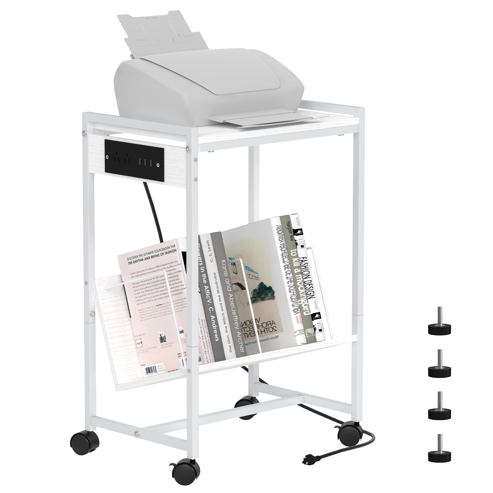 CADUKE White Record Player Stand with Vinyl Storage Turntable Stand with Record Storage 2 Tier Modern Vinyl Record Table Stand End Table with Charging Station for Living Room Bedroom