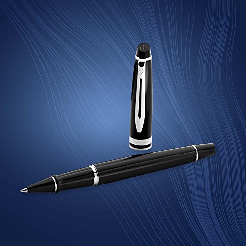 Waterman Expert Rollerball Pen, Gloss Black with Chrome Trim, Fine Point with Black Ink Cartridge, Gift Box