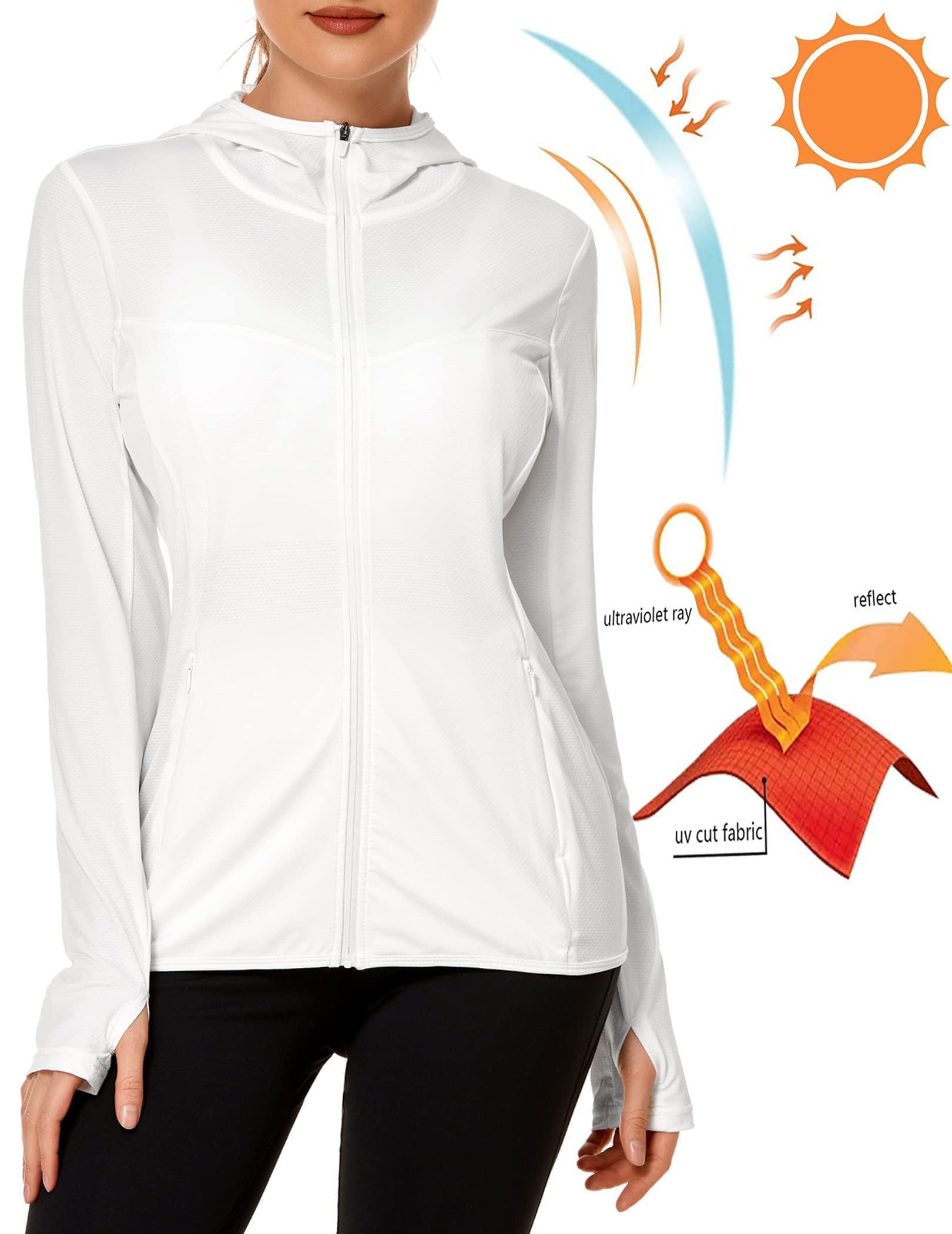 COOrun Women's UPF 50+ Sun Protection Hoodie Jacket Lightweight Full Zip Running Jacket Athletic Jacket with Thumb Holes White XL