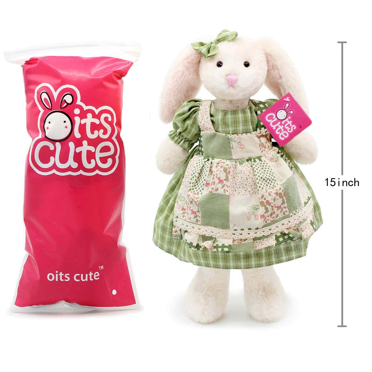 oits cute Small Soft Stuffed Animal Bunny Rabbit Plush Toy for Baby Girls 15inch (White Rabbit Wearing Green Plaid Dress)