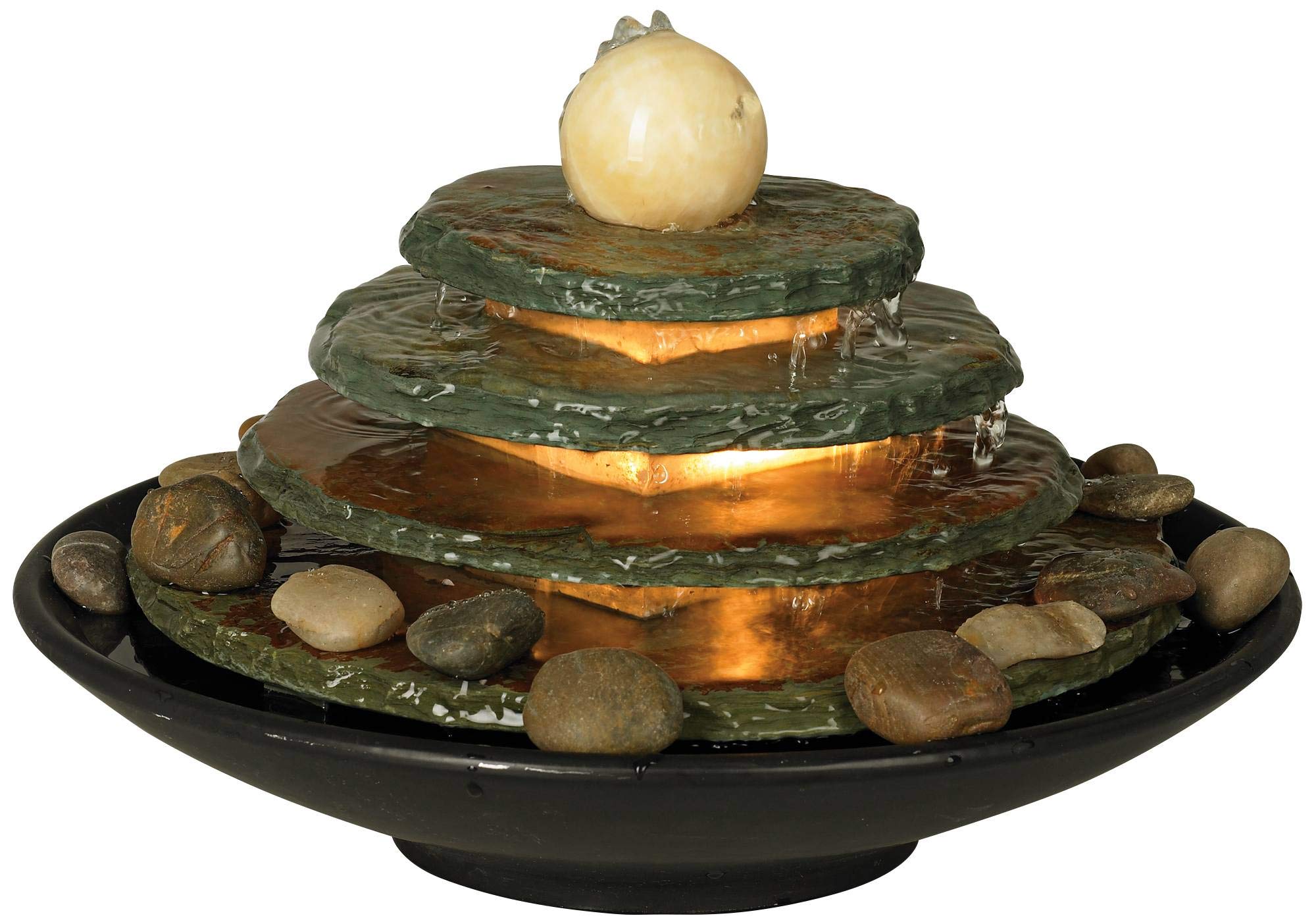 Pyramid Modern Zen Indoor Tabletop Water Fountain with Light 10" High 4 Tiered Feng Shui Ball River Rocks for Table Desk-Top Home Office Bedroom House Living Room Relaxation - John Timberland
