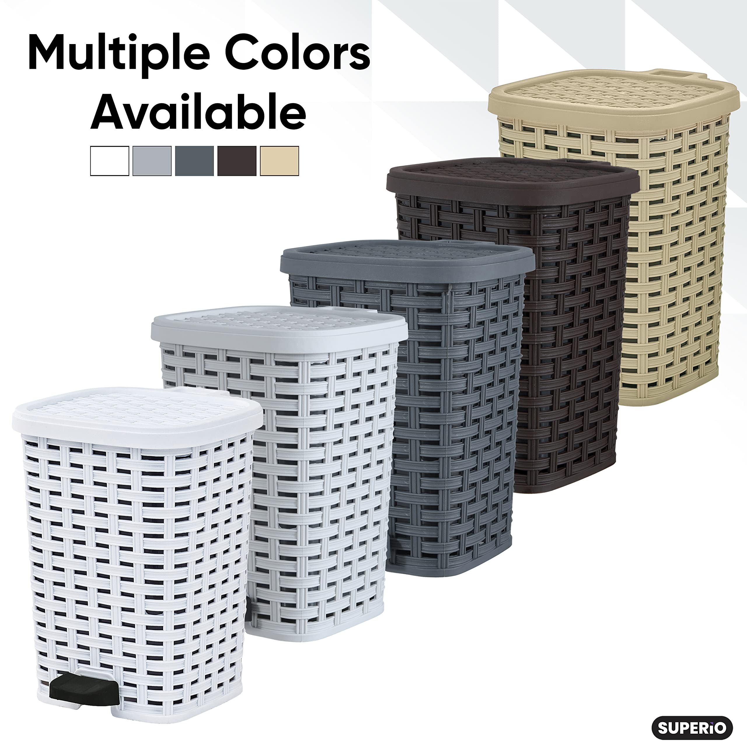 Superio Rattan Compact Trash Bin 6 Liter, Beige and Brown - Wicker Trash Can with Pedal Step On Lid