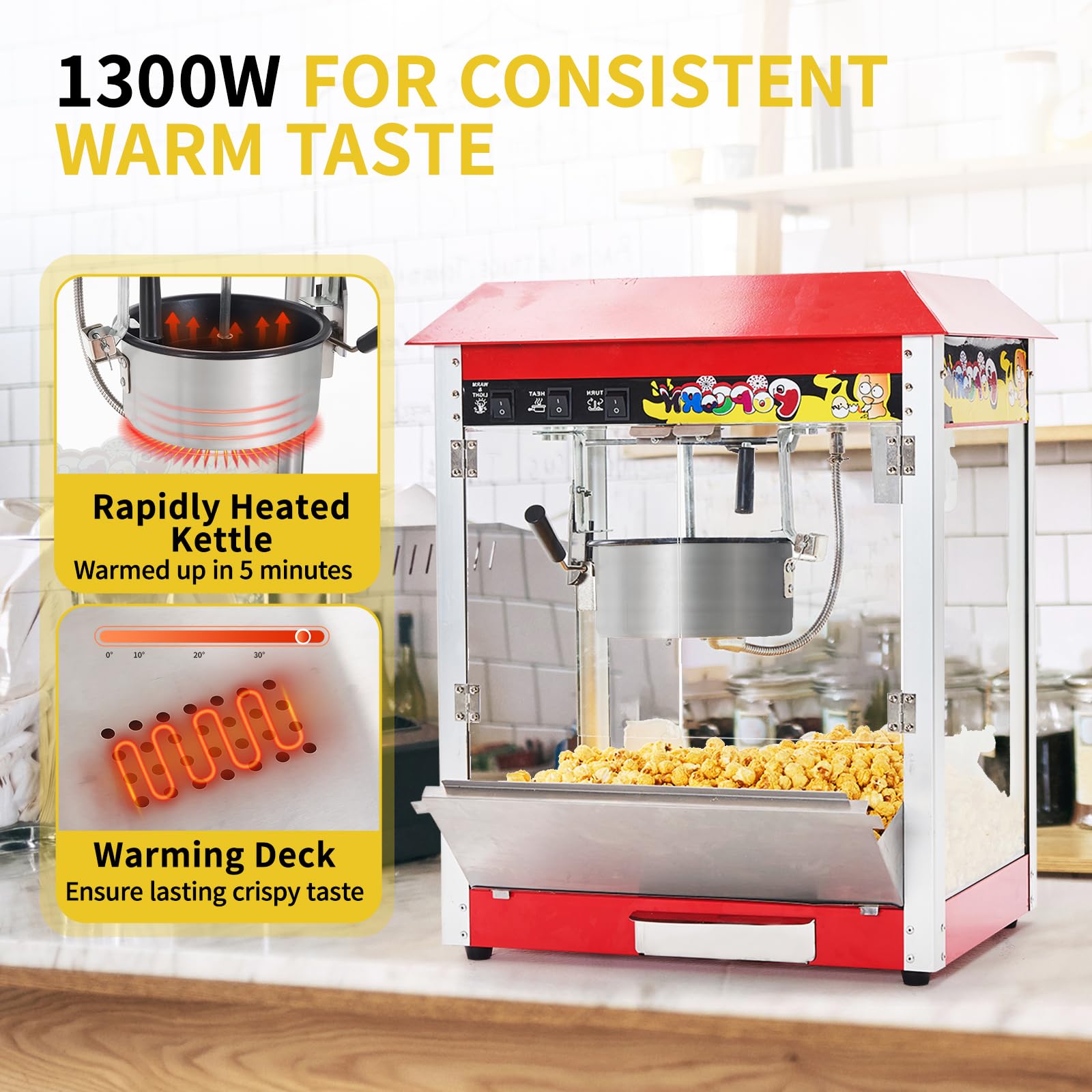 DEYGIA Commercial Popcorn Machine, 10 Oz Kettle, 1300W Countertop Popcorn Maker for 60 Cups per Batch, Movie Theater Popcorn Popper with 3-Switch Control, 2 Scoops 1 Cup
