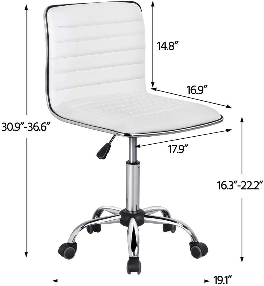 BRISKAIR Adjustable Task Chair PU Leather Low Back Ribbed Armless Swivel White Desk Chair Office Chair with Wheels