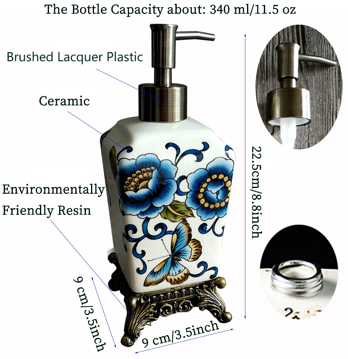 Kelake Ceramic Soap Dispenser - 12 oz Ice Crack Ceramic Liquid Hand Soap Dispenser with Removable Pump, Refillable Modern Classical Palace Style Dish Soap Dispenser for Bathroom and Kitchen