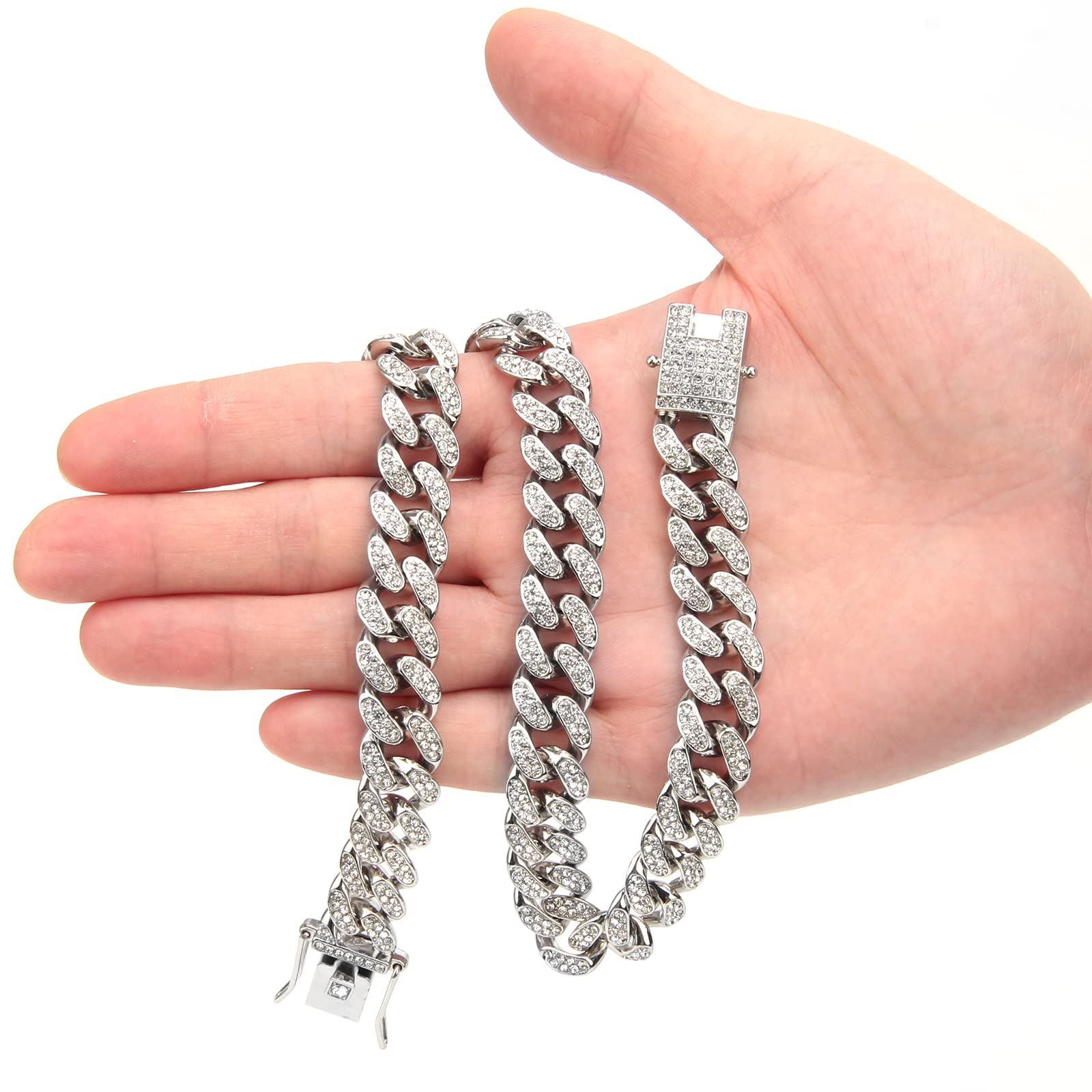 Coitak Cuban Link Chain Necklace, Silver/Gold Chain for Men, Bling Diamond Hip Hop Jewelry for Women 18 Inch (Silver)