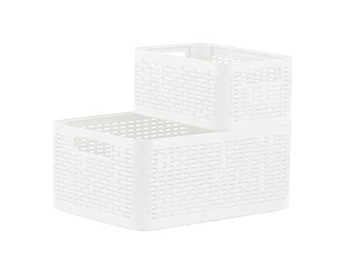 Superio Woven Plastic Storage Basket Box with Handles- Wicker Home Organizer Shelf Bins for Closet- Use for Socks, Jeans, Undershirts, Belts, Accessories (20 Quart, White)