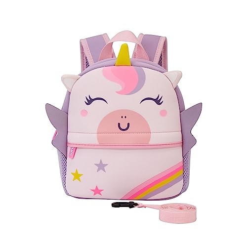 KK CRAFTS Preschool Toddler Backpack with Leash, 3D Cute Cartoon Neoprene Animal Schoolbag for Kids Boys Girls(Baby Unicorn)