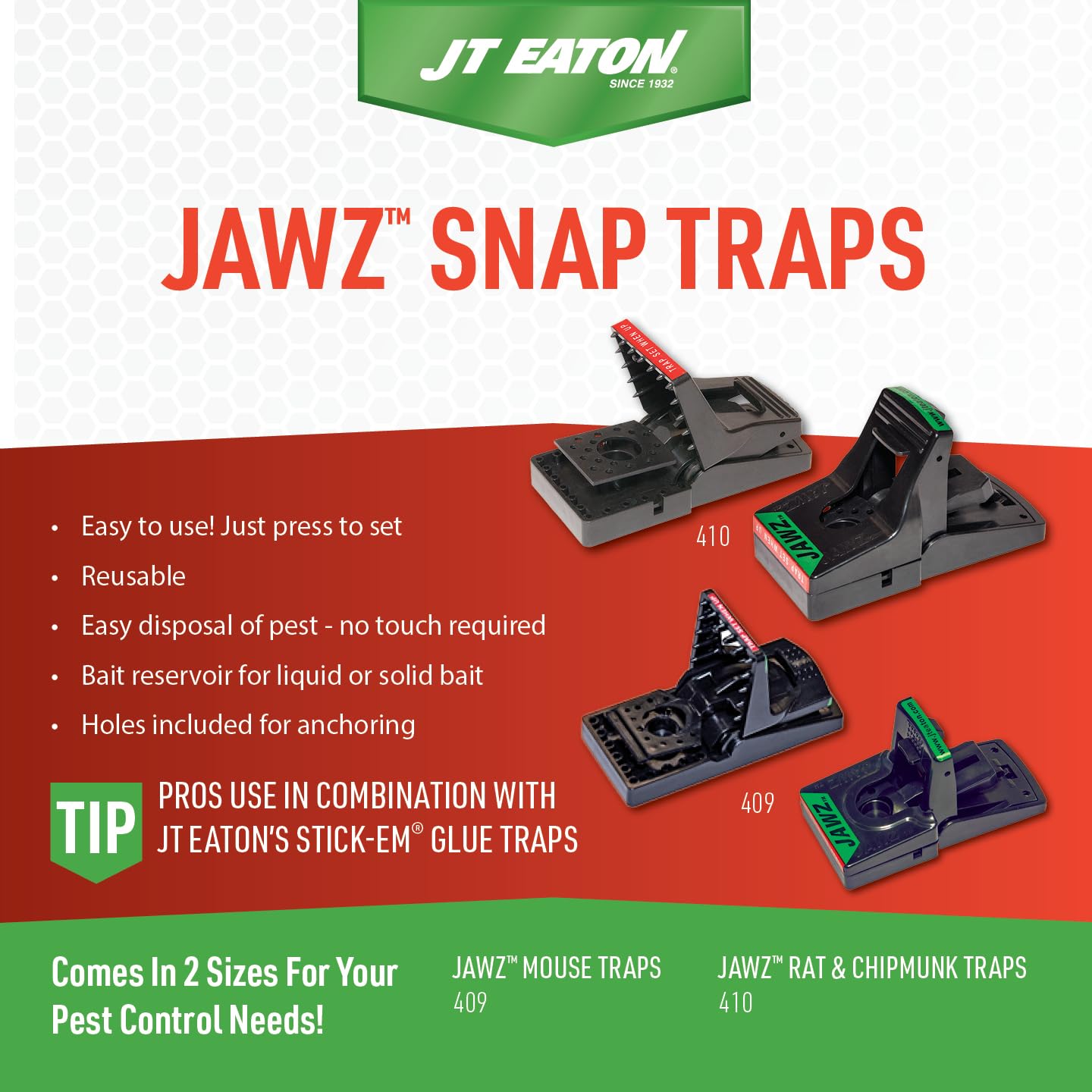 JT Eaton 410BULK Jawz Plastic Rat Trap, High Tension Spring, Reusable Rodent Snap Trap for Solid or Liquid Bait, 12 Pack