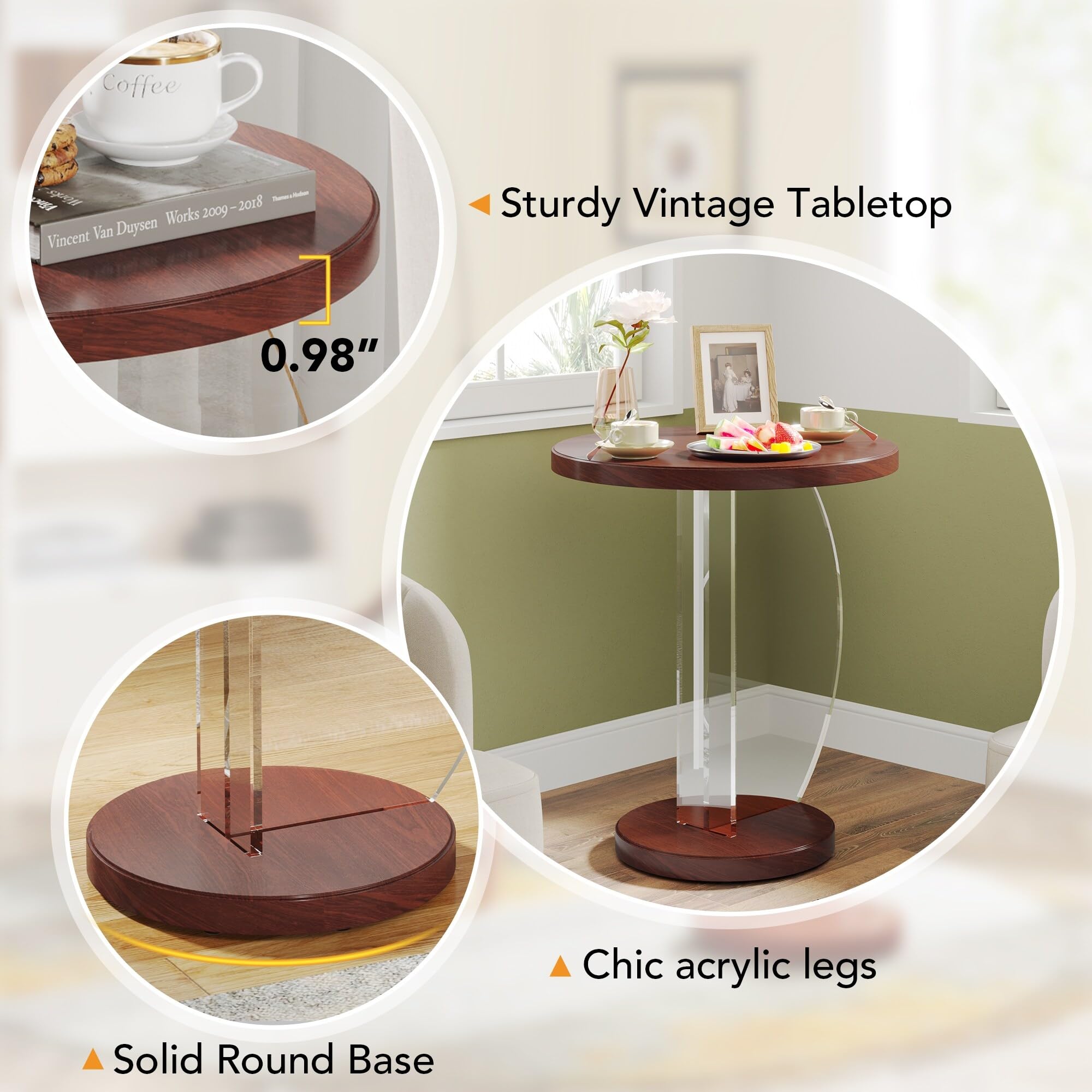 Cherry Finish Round End Side Table with Acrylic Legs Living Room Accent Tables Brown Modern Contemporary Wood Includes Hardware