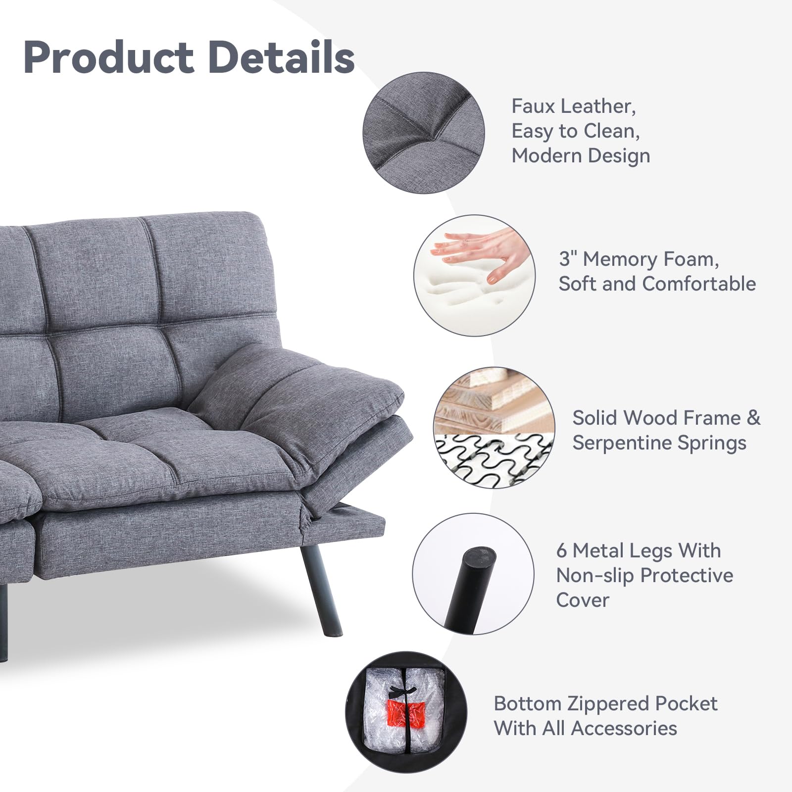 Hcore Convertible Futon Sofa Couch Bed,Memory Foam Futon Couch,Sofa Bed Couch,Modern Futon Bed Loveseat Sofa Sleeper Splitback Sofa Polyester Modern Sofa for Living Room,Office,Apartment,Dark Grey